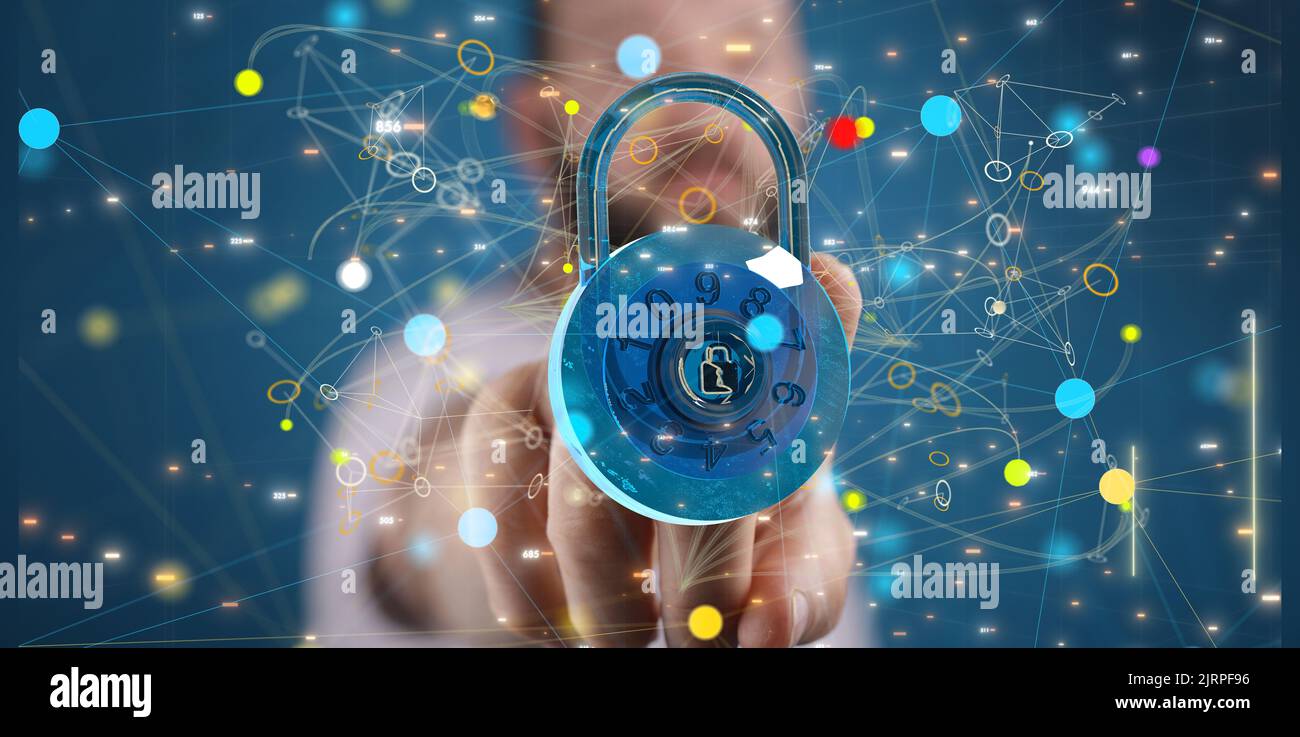 A finger pointing on a 3d floating digital illustration of a lock- the ...