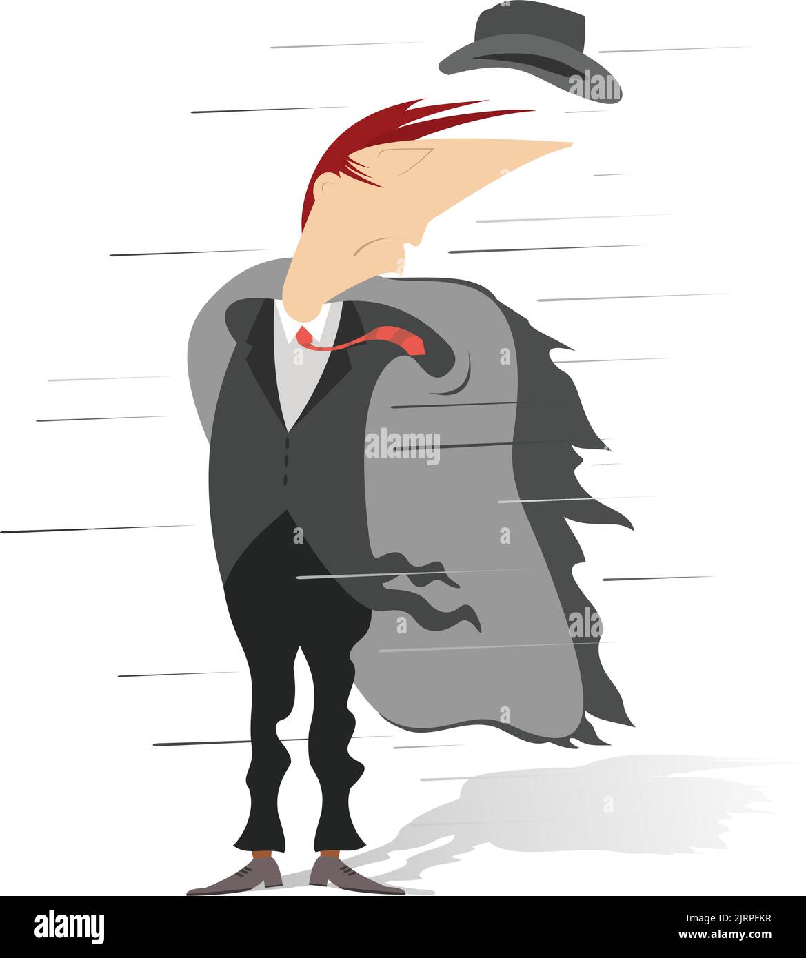 Windy day. Strong wind has opened coat and blown off hat of the man ...