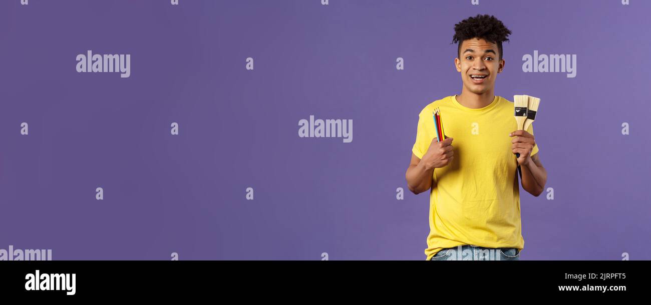 Portrait of upbeat young creative man, artist starting art courses ...