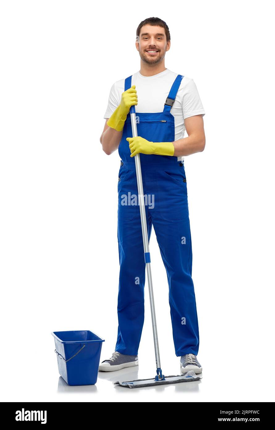 male cleaner cleaning floor with mop and bucket Stock Photo - Alamy