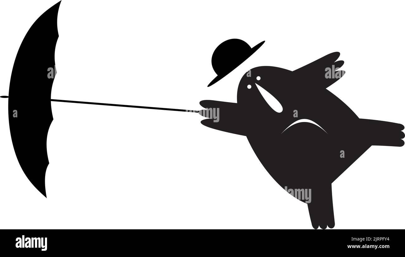 Funny man wearing a bowler hat holds an umbrella stays on the strong ...