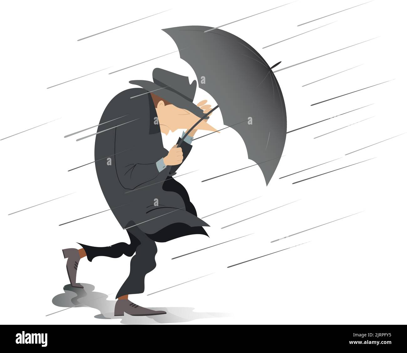 Strong wind, rain and man with hat and umbrella isolated illustration ...