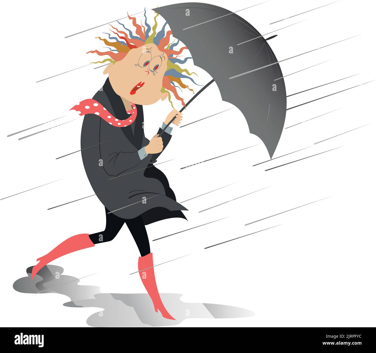 Windy day and young woman with umbrella illustration. Young woman with ...