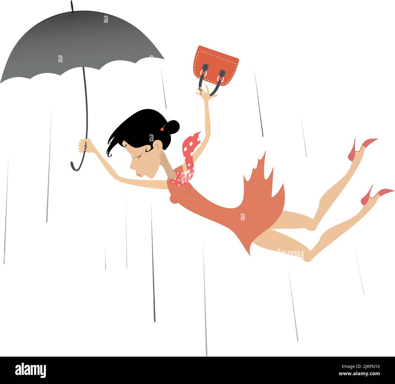 Strong wind, rain and woman with umbrella illustration. Cartoon ...