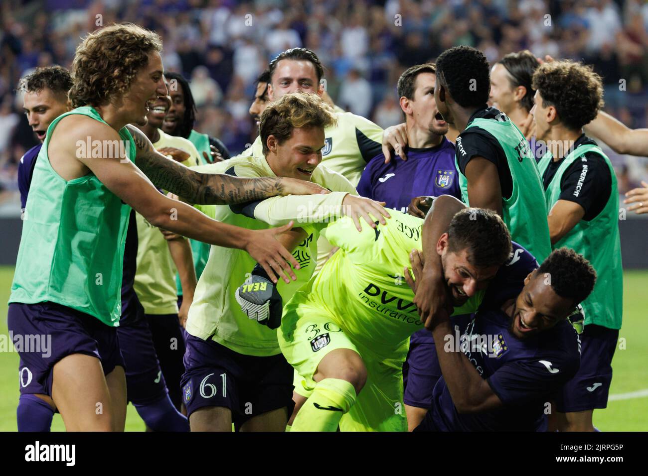 Brussels, Belgium. 24th Aug, 2022. Anderlecht's players celebrate after ...