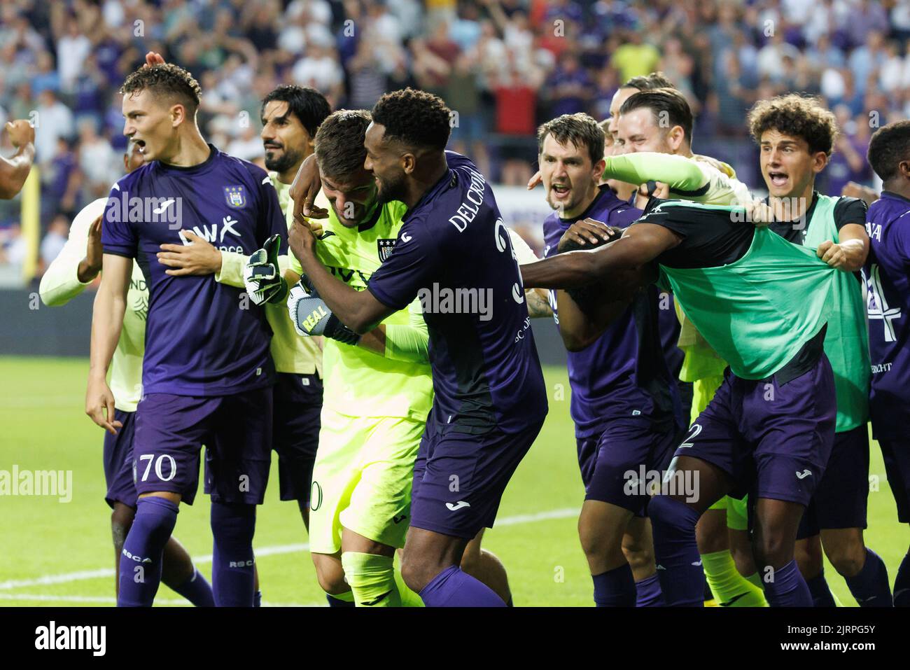 Brussels, Belgium. 24th Aug, 2022. Anderlecht's players celebrate after ...