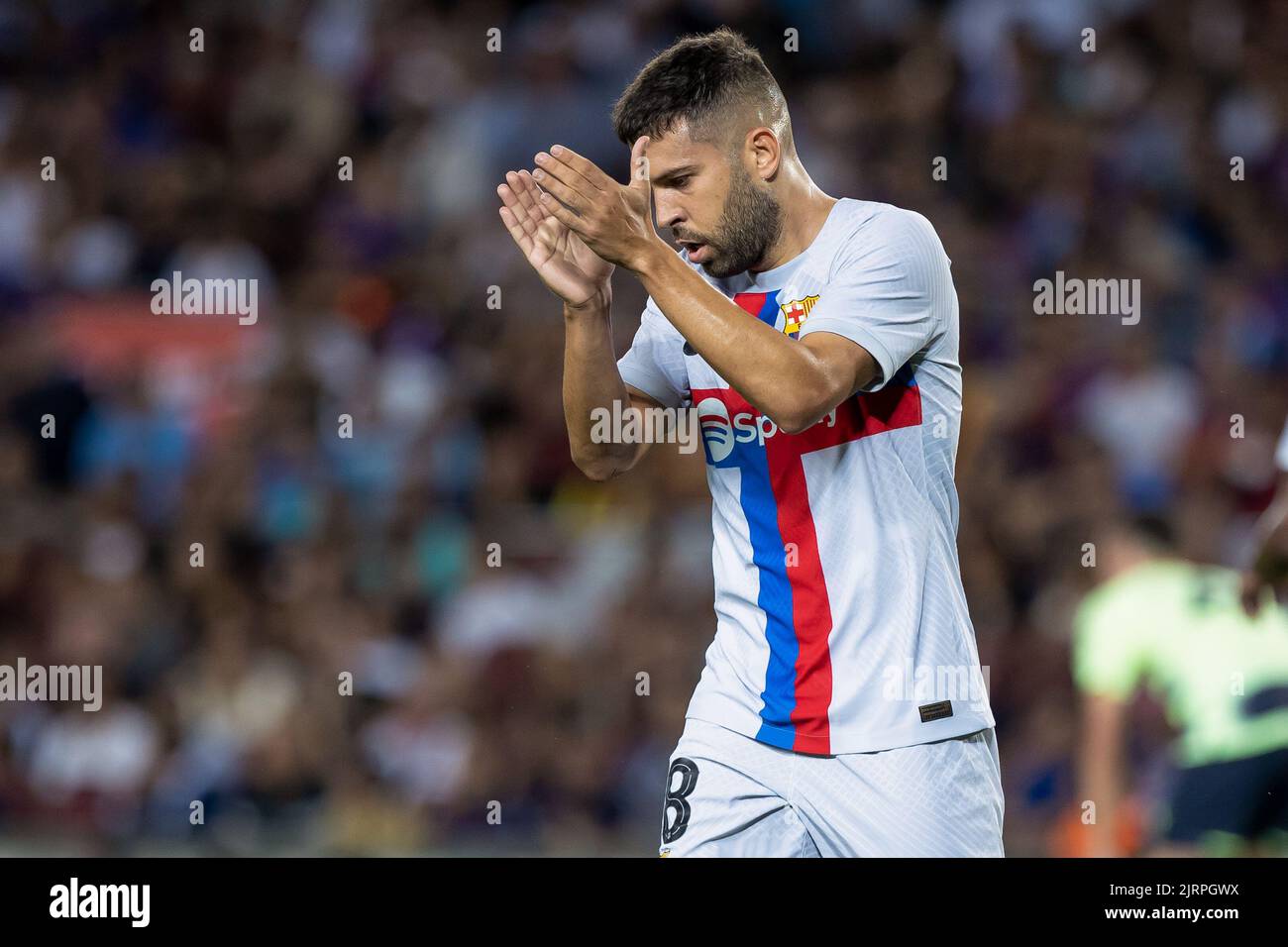 BARCELONA, SPAIN - AUGUST 24: Jordi Alba of FC Barcelona reacts during ...