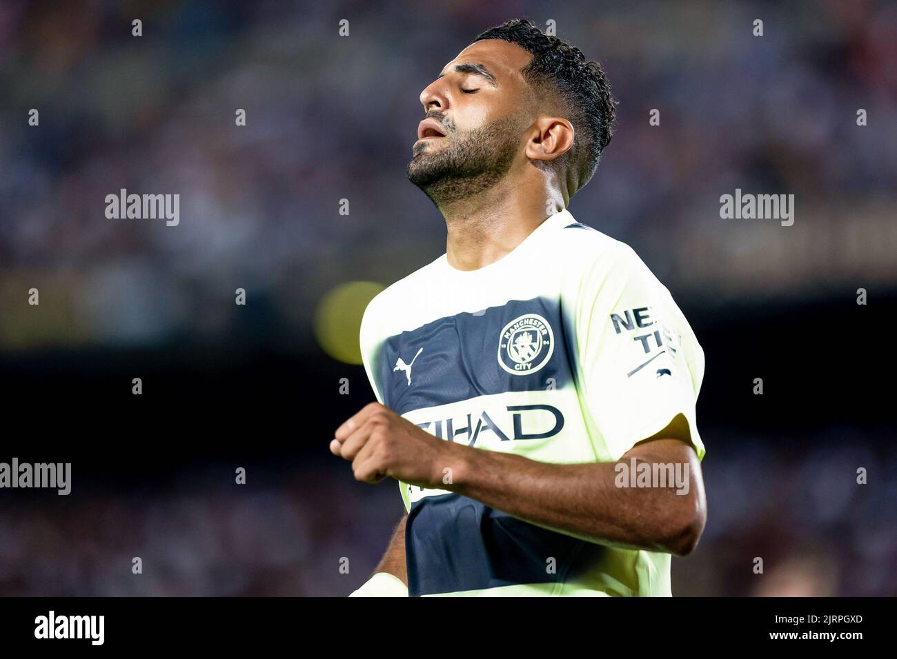 BARCELONA, SPAIN - AUGUST 24: Riyad Mahrez of Manchester City reacts ...