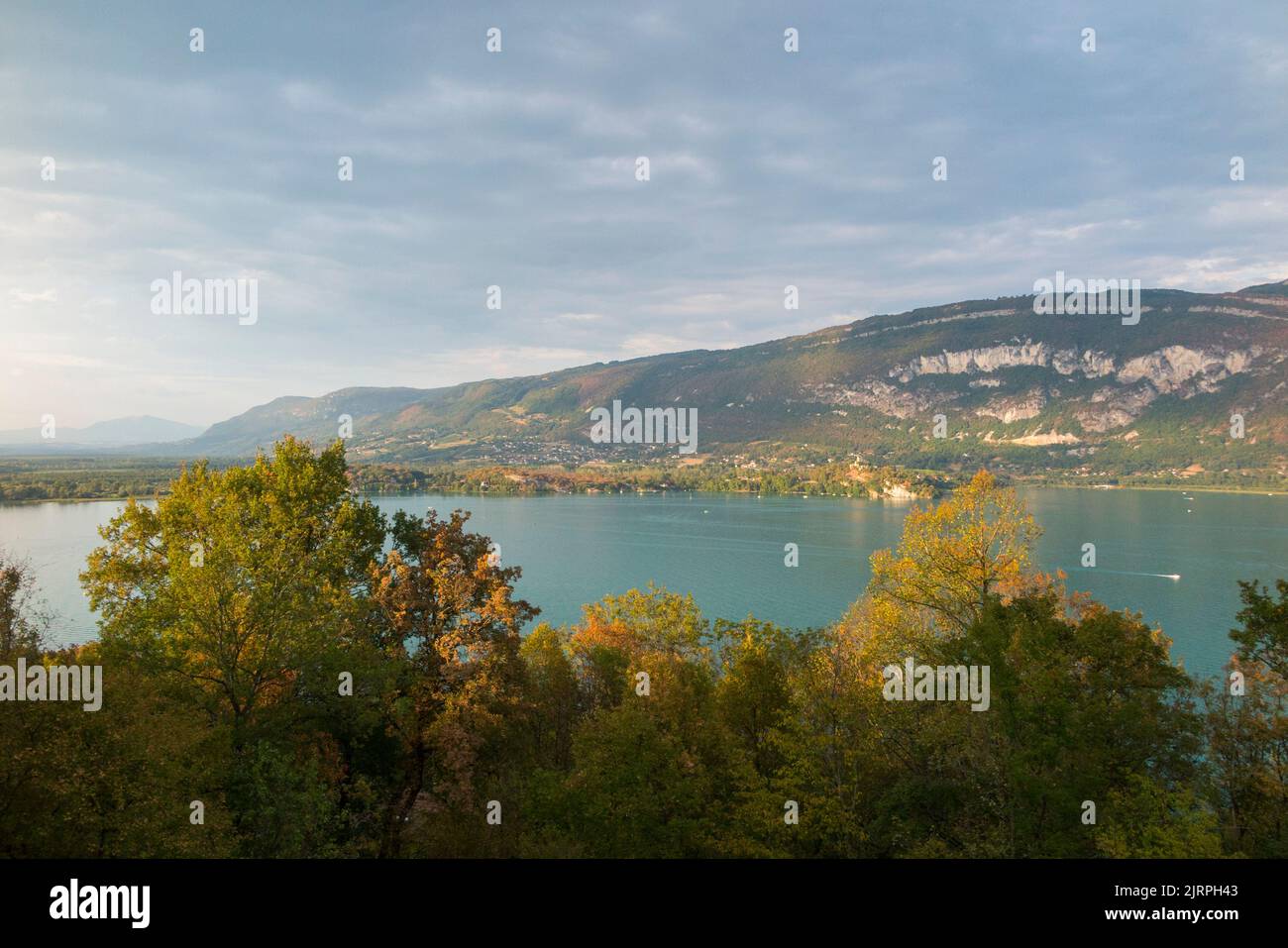 Autumnal view over the French lake Lac du Bourget lake in Savoie ...