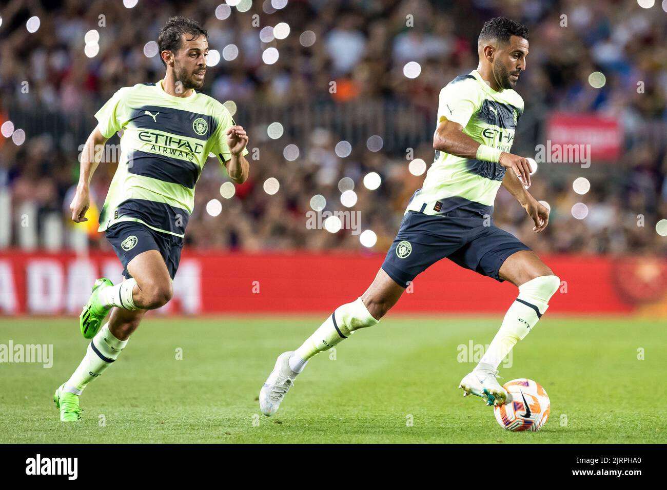 BARCELONA, SPAIN - AUGUST 24: Riyad Mahrez of Manchester City runs with ...