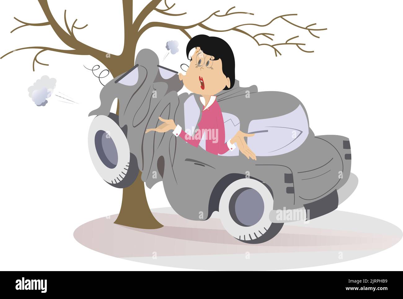 Cartoon young woman have got into a road accident. Astonished woman in ...