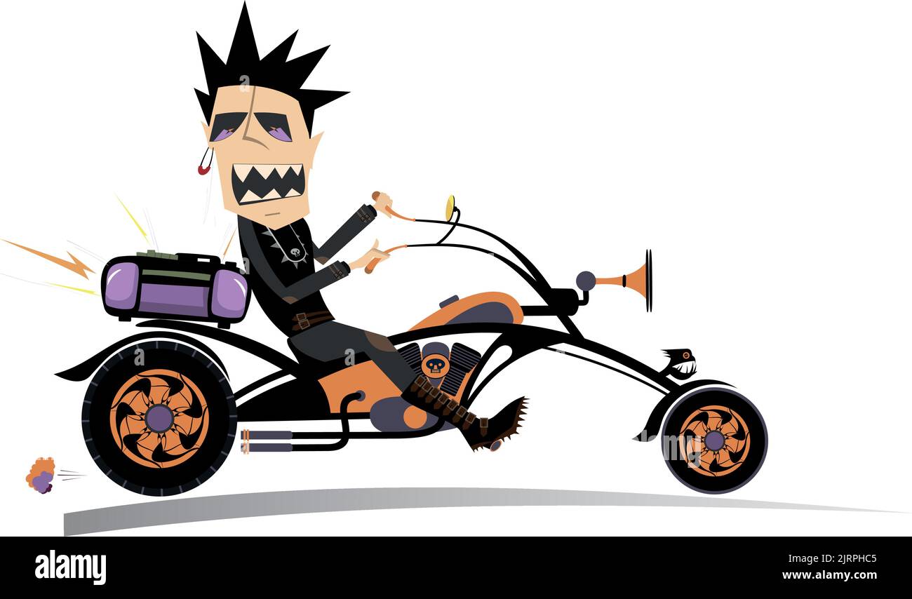 Cartoon biker man isolated. Comic man riding a bike with stereo system and singing a song ...