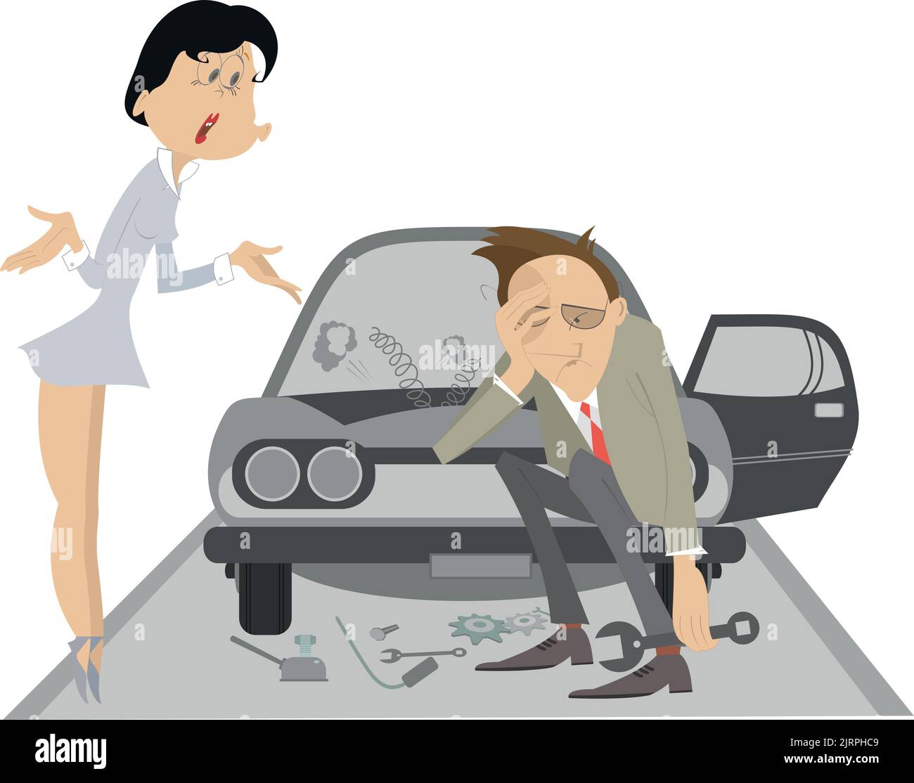 Sad man, angry woman and broken car illustration. Upset woman asks the ...