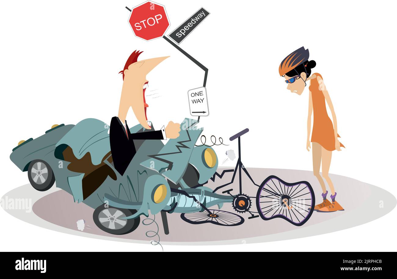 Road accident, driver, cyclist and broken bike illustration. Angry ...