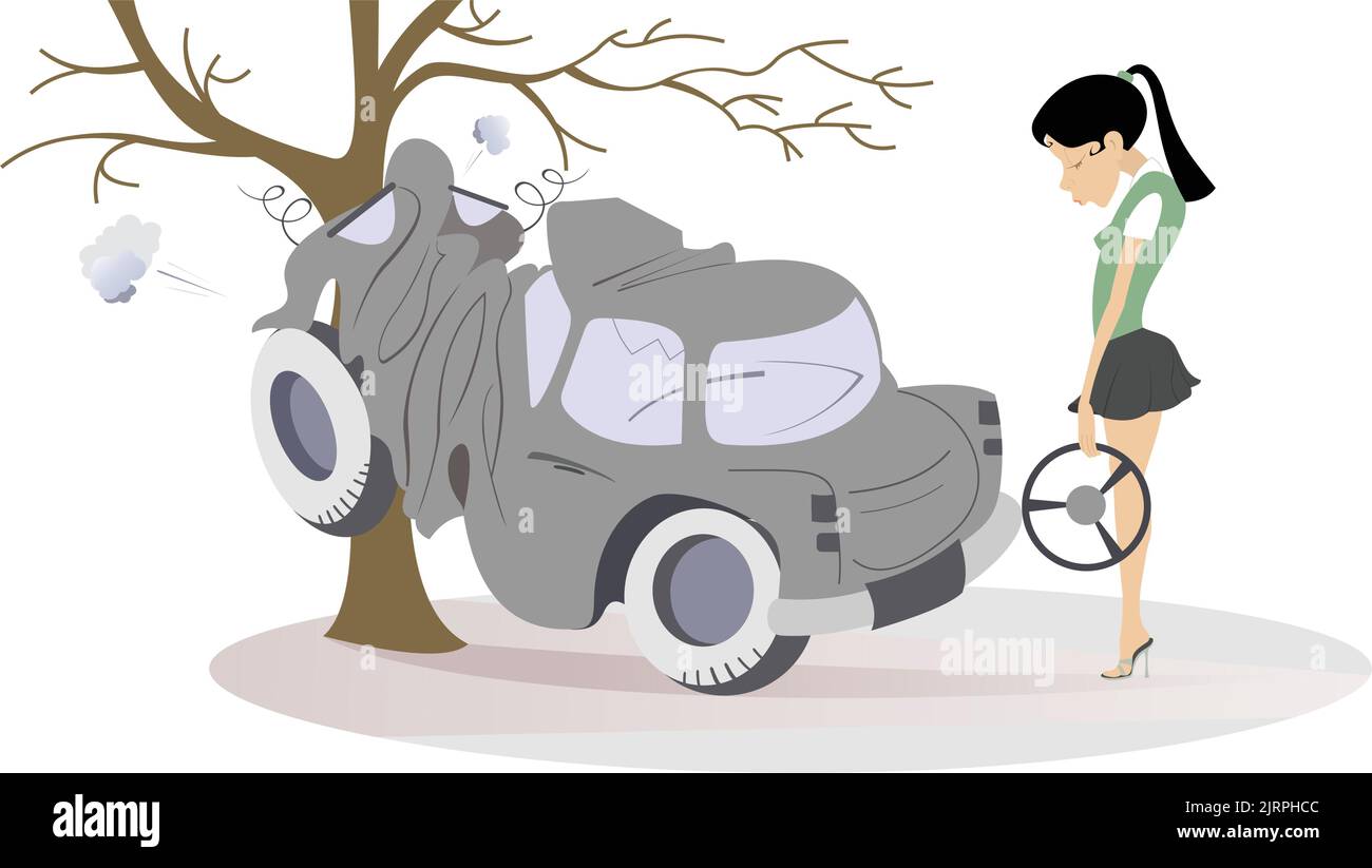 Road accident. Upset woman holding a steering wheel stands near the car ...