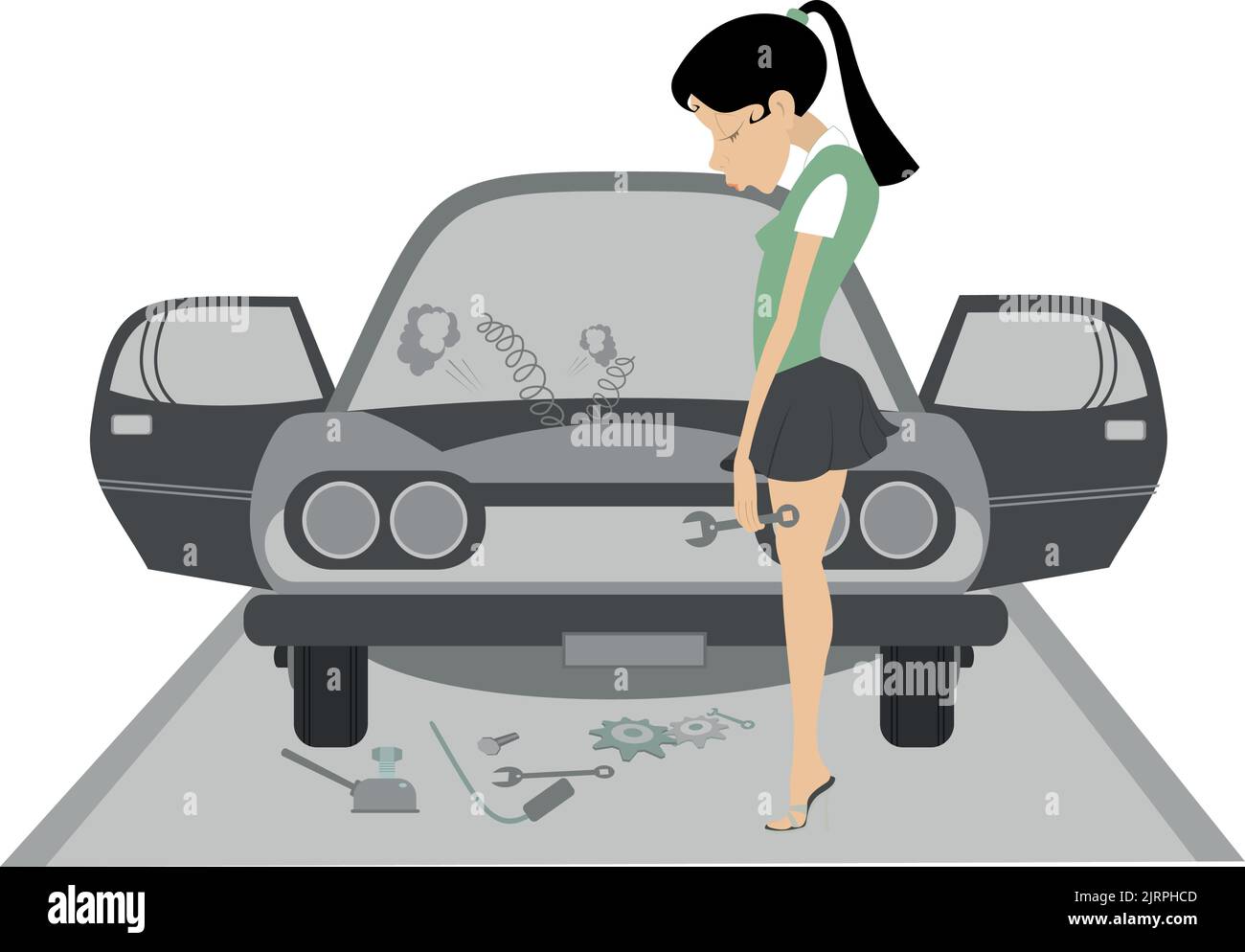 Woman with a broken down car Stock Vector Images - Alamy