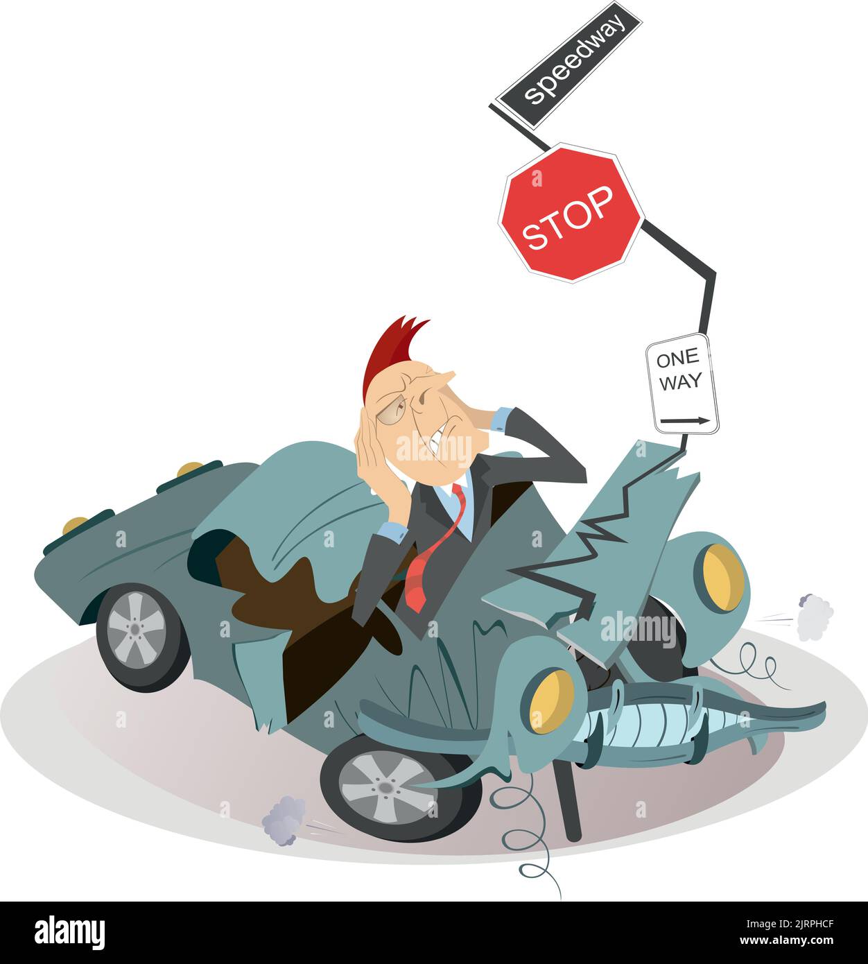 Road accident and man in the crashed car illustration. Upset man ...