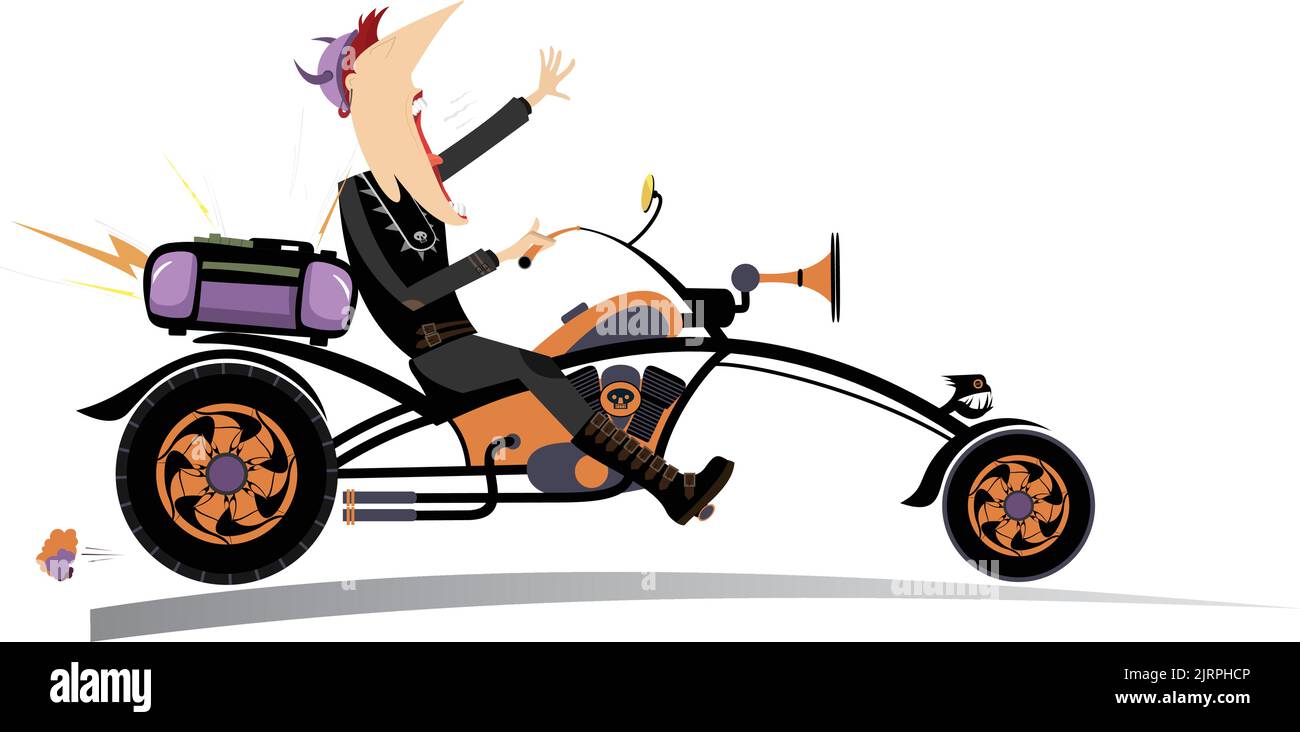 Biker man. Comic man riding a bike with stereo system and singing a ...