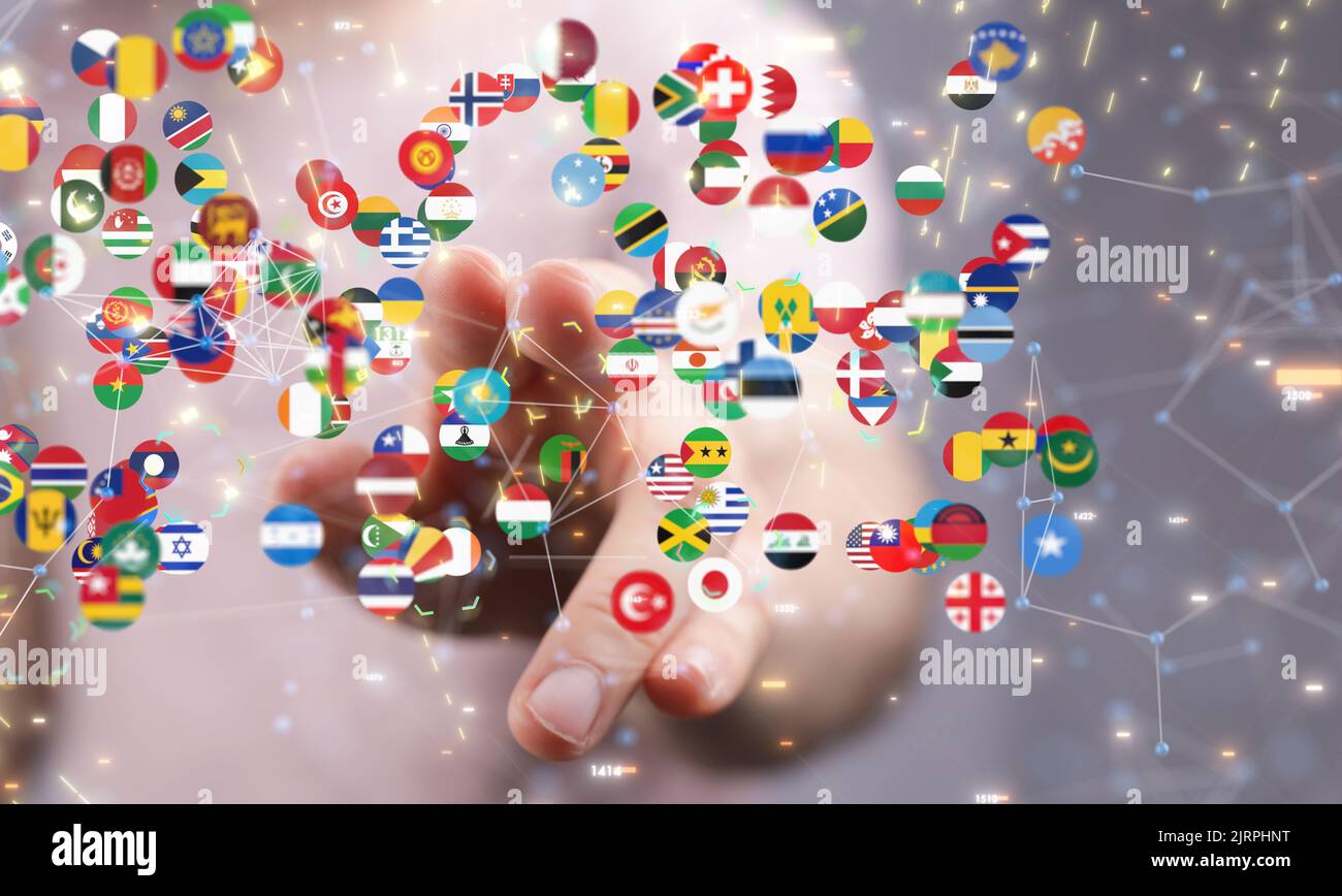 A finger pointing on a 3d floating digital illustration of world flags ...