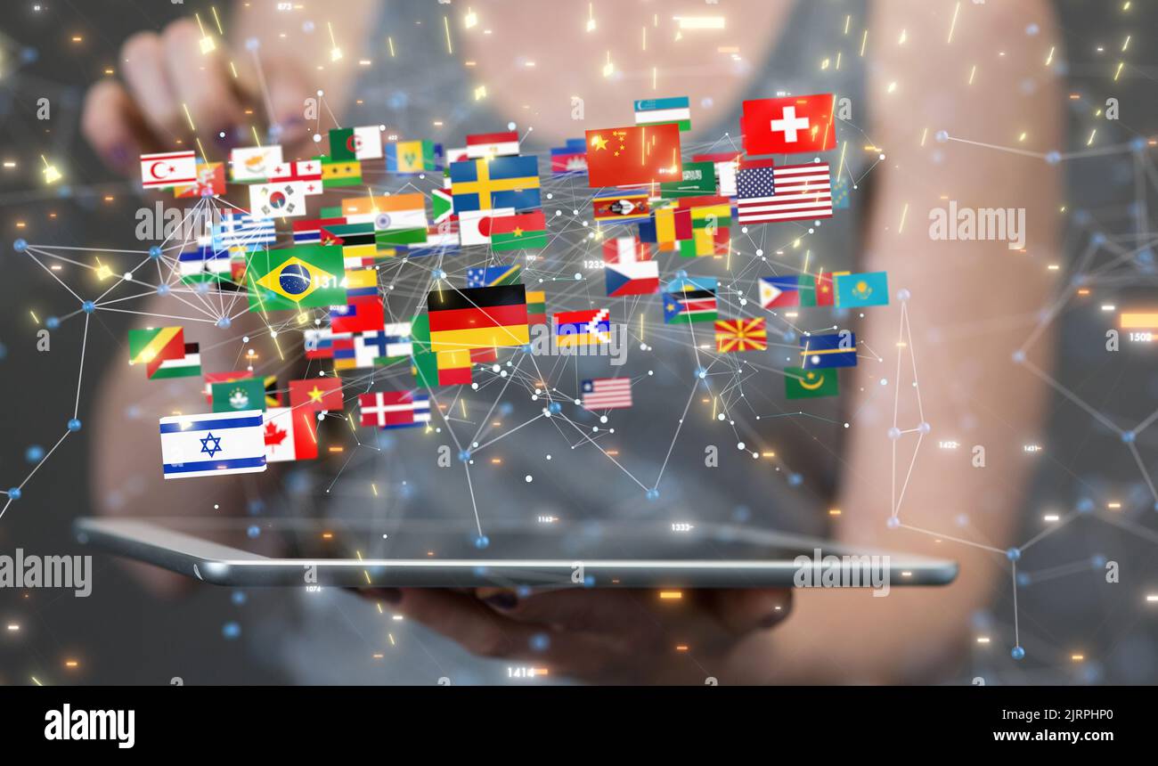 A3d floating digital illustration of world flags coming out of a screen ...
