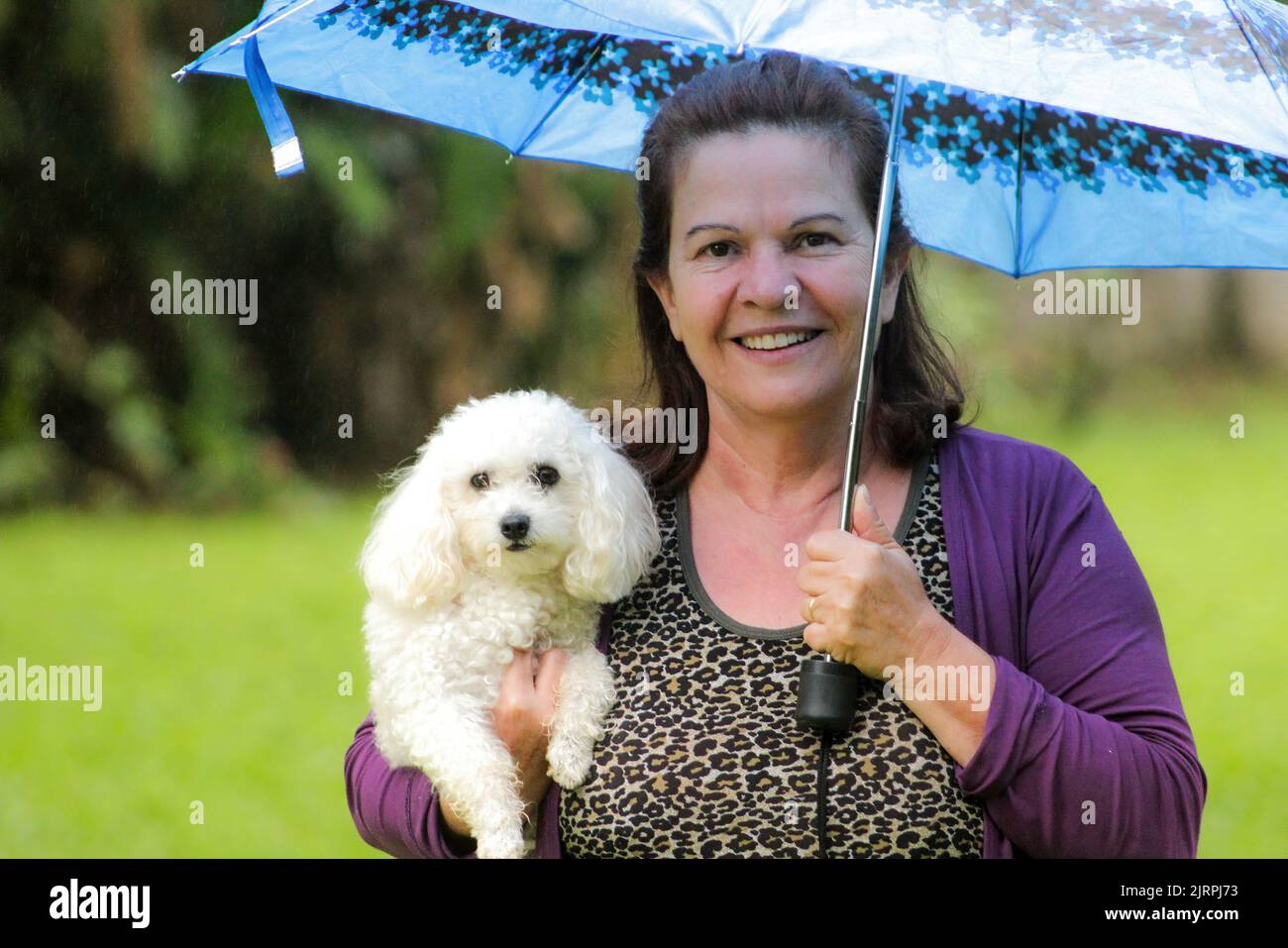 Woman, elderly, smiling, holding an umbrella and under her arms a ...