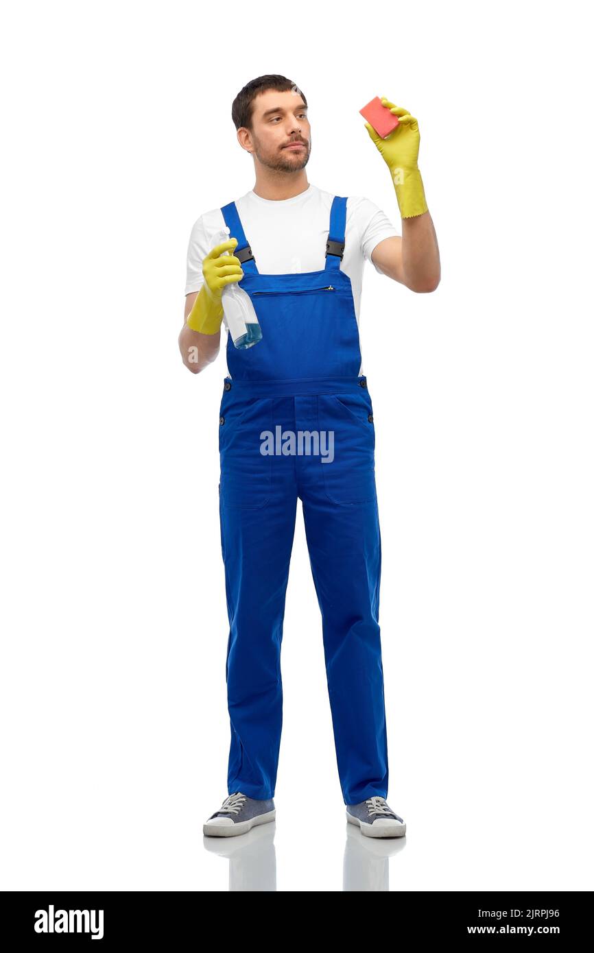 male cleaner cleaning with sponge and detergent Stock Photo - Alamy