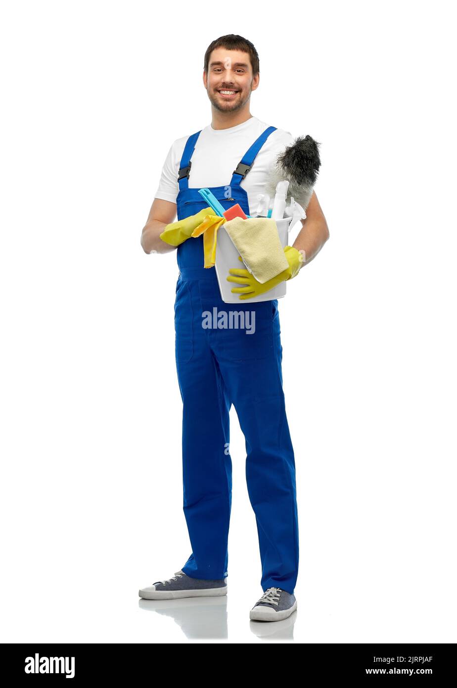 male cleaner in overall with cleaning supplies Stock Photo - Alamy