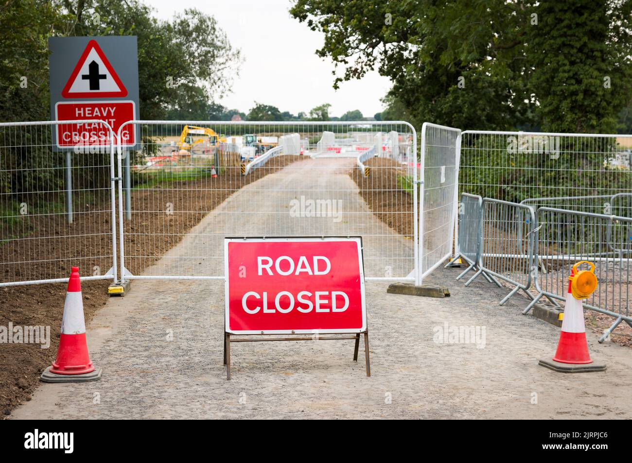Road closed sign. Country road closed to rebuild a railway bridge as ...