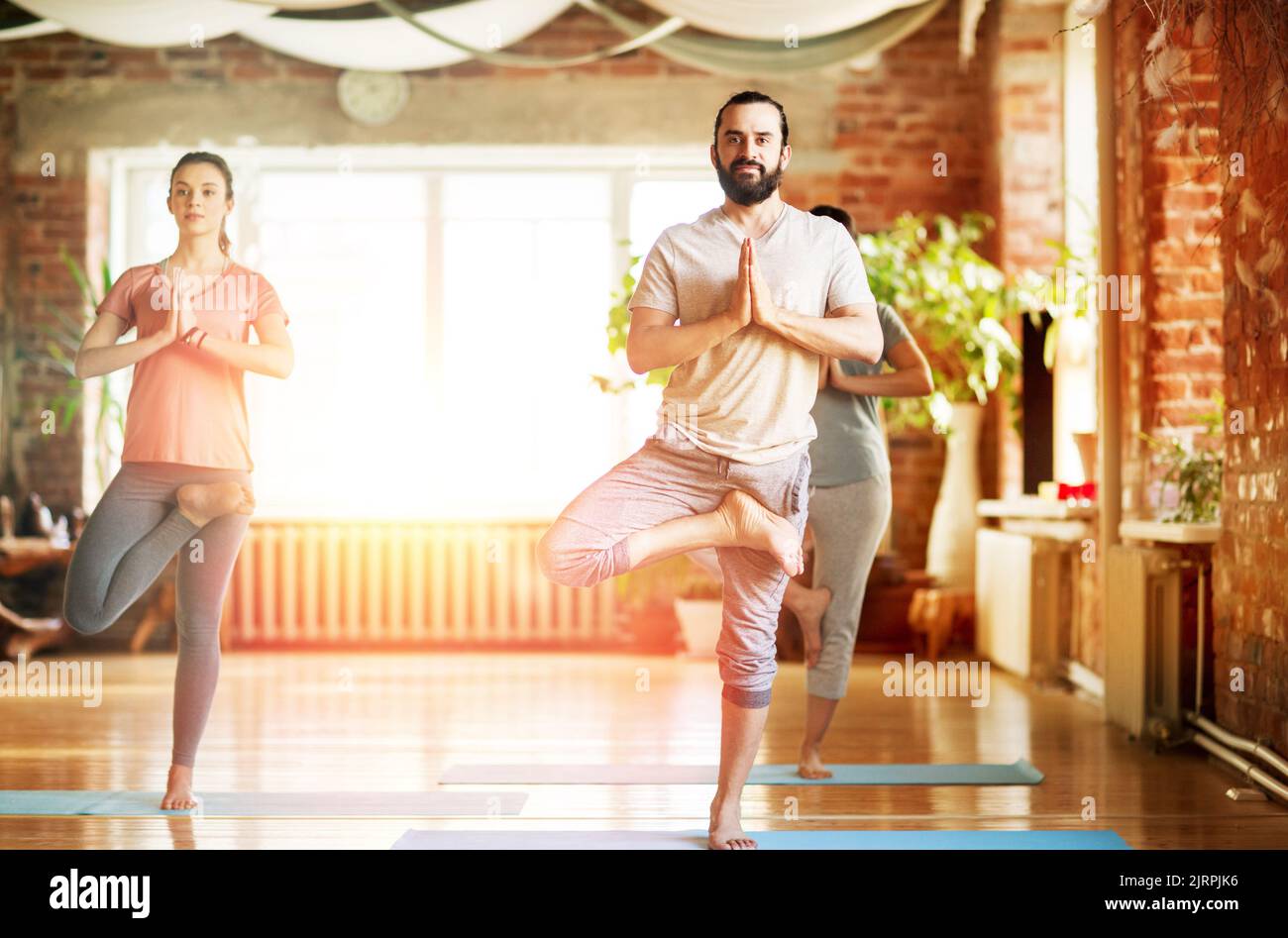 group of people doing yoga tree pose at studio Stock Photo - Alamy