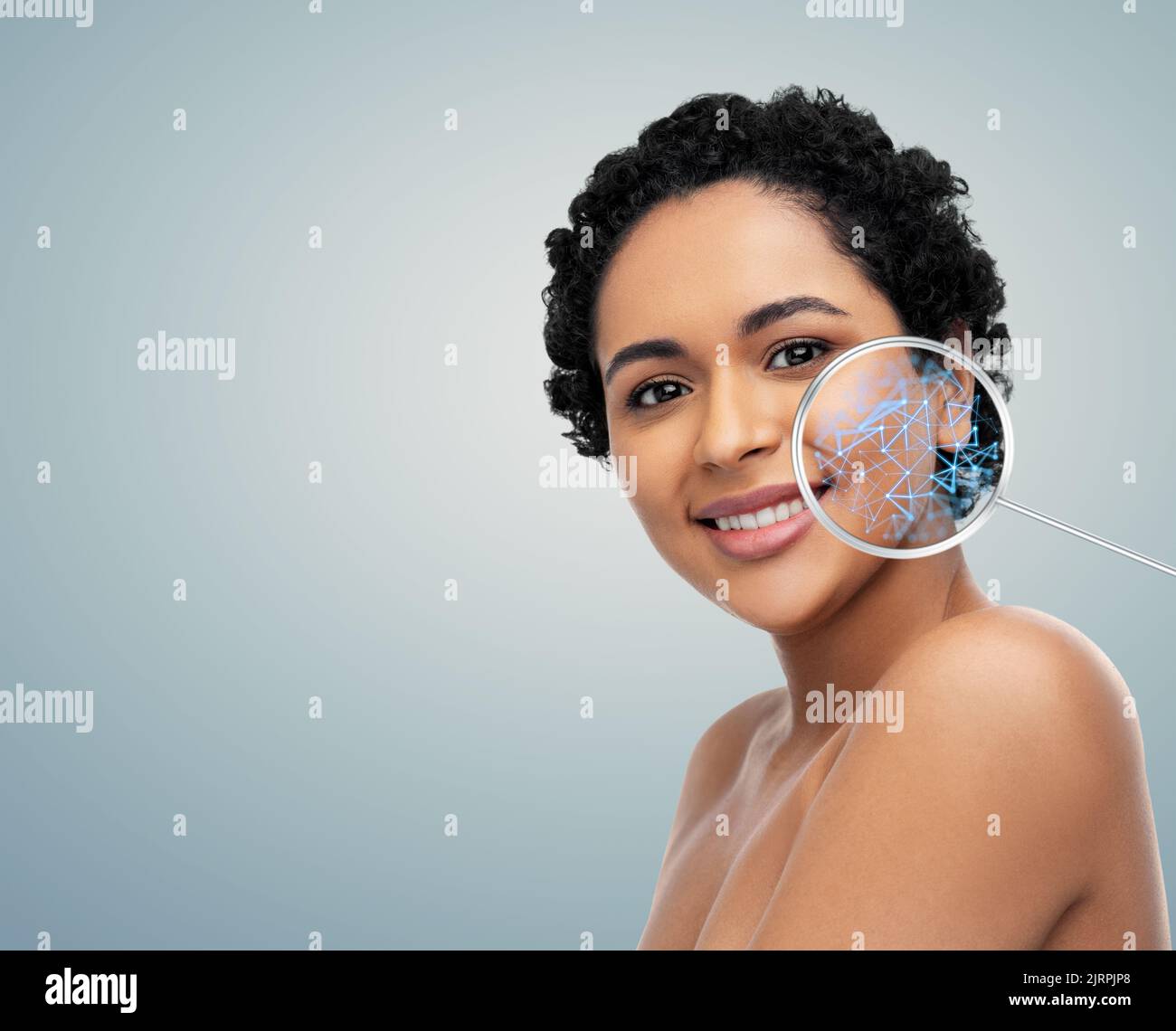 woman and loupe with low poly projection on face Stock Photo - Alamy