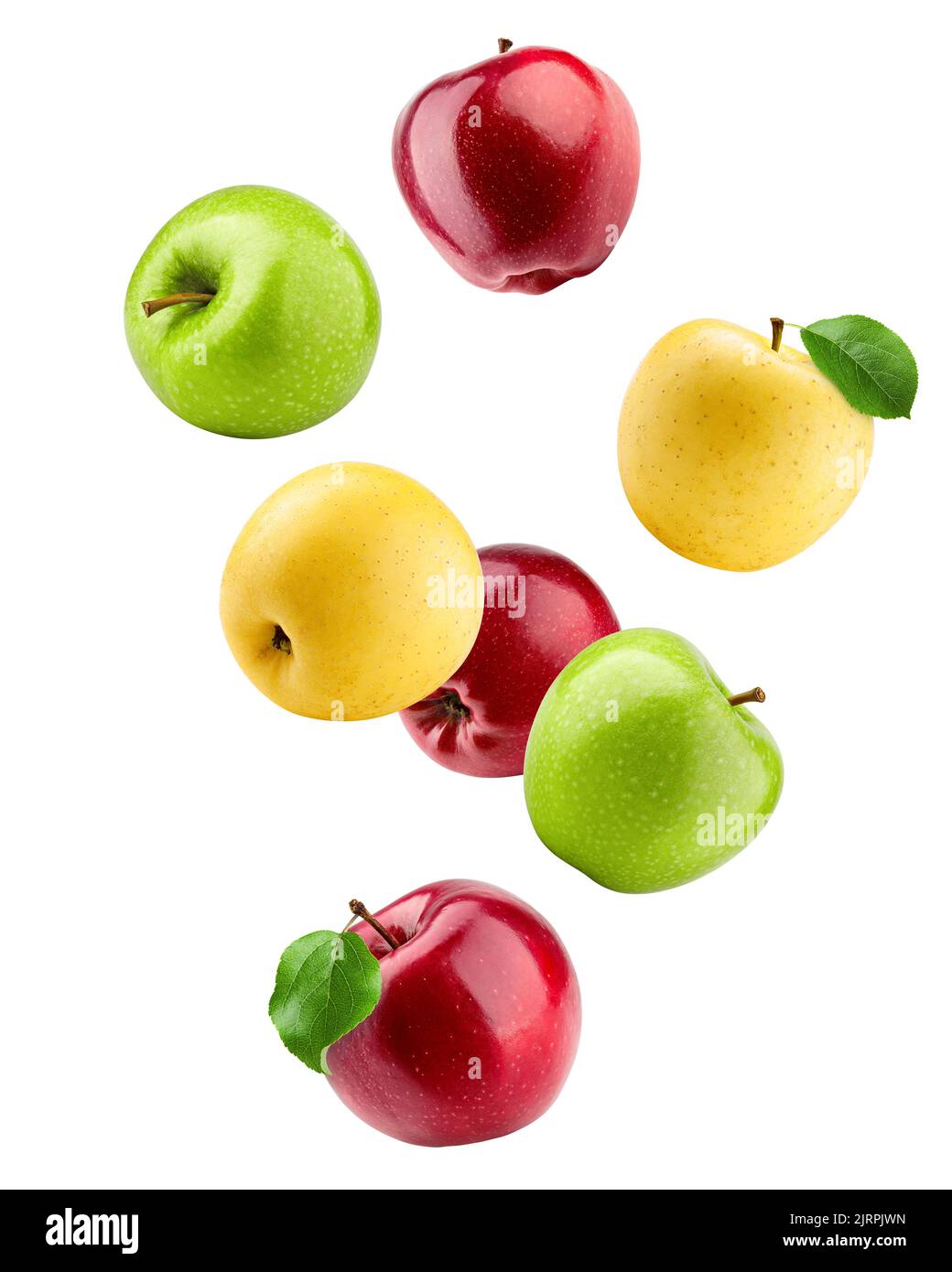 Falling colorful apples, red green and yellow fruit, isolated on white background, clipping path ...