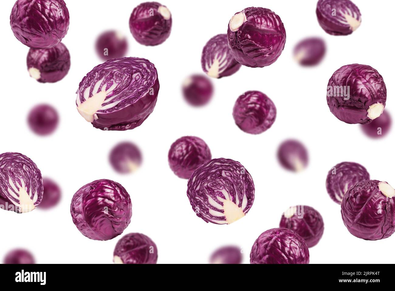 Falling red cabbage, isolated on white background, selective focus ...