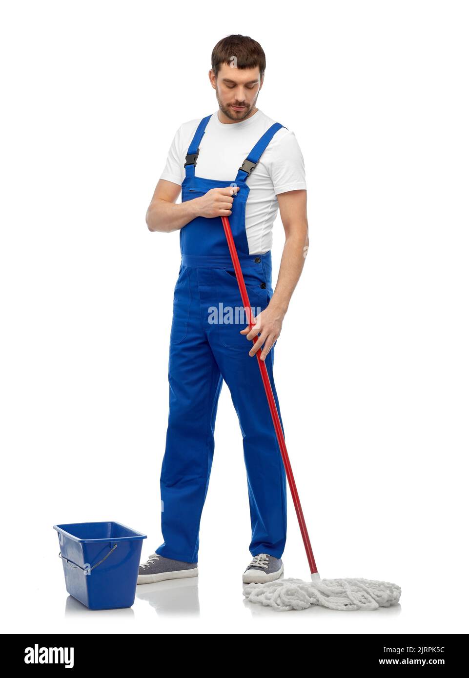 male cleaner cleaning floor with mop and bucket Stock Photo - Alamy