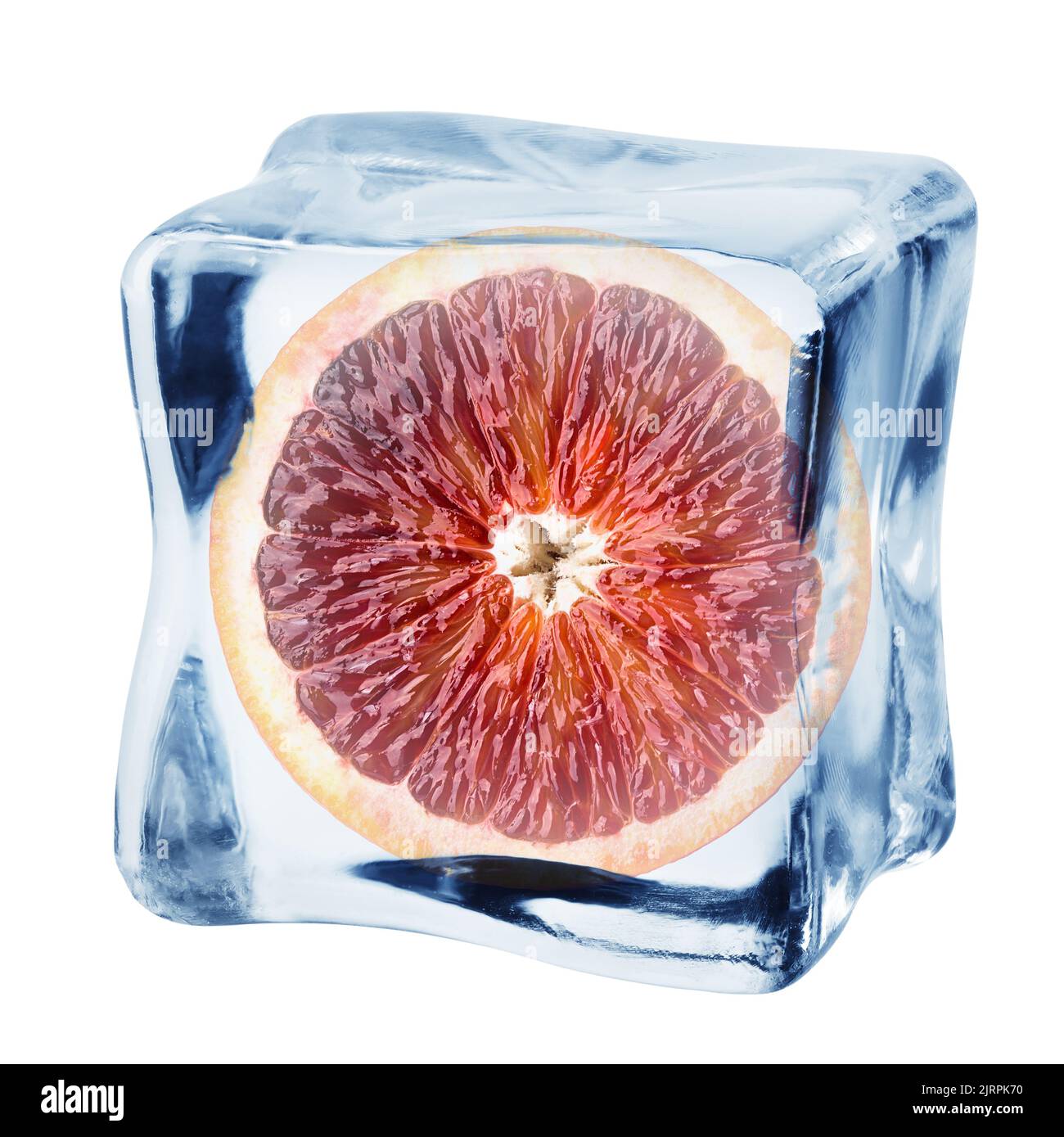 red blood orange in ice cube, isolated on white background, clipping ...