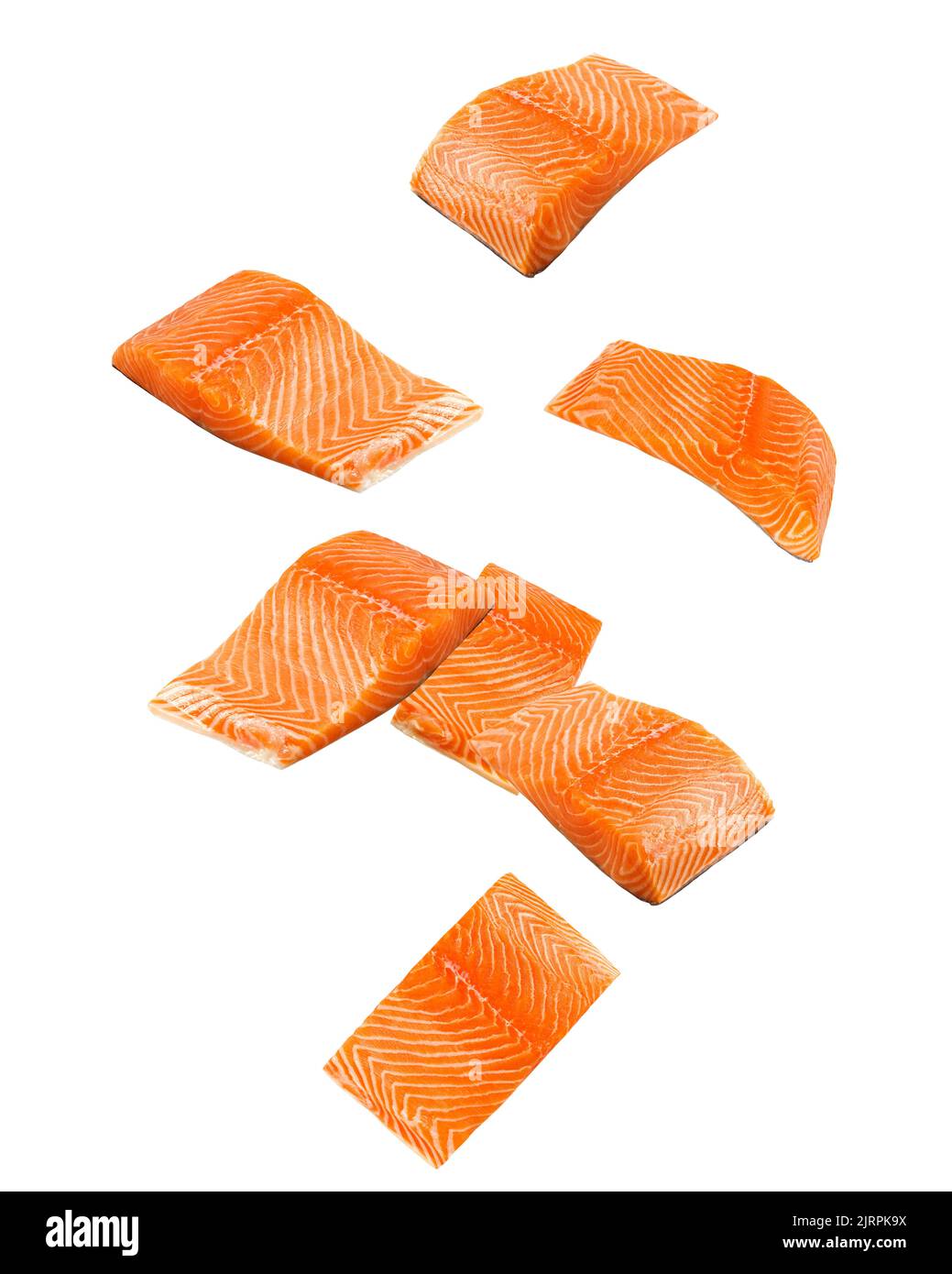 Falling raw salmon, fish isolated on white background, clipping path ...