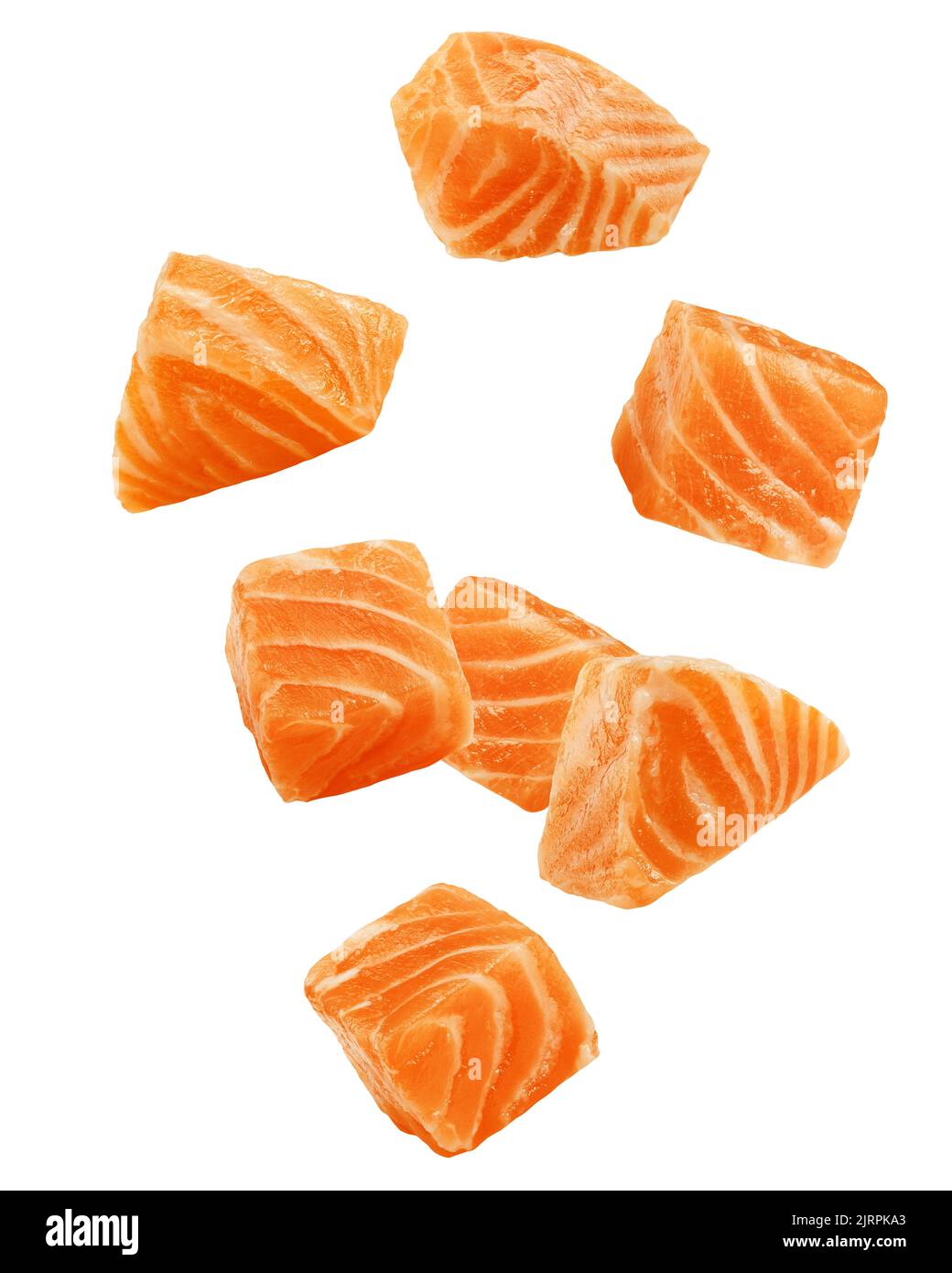 Falling raw salmon, fish isolated on white background, clipping path ...