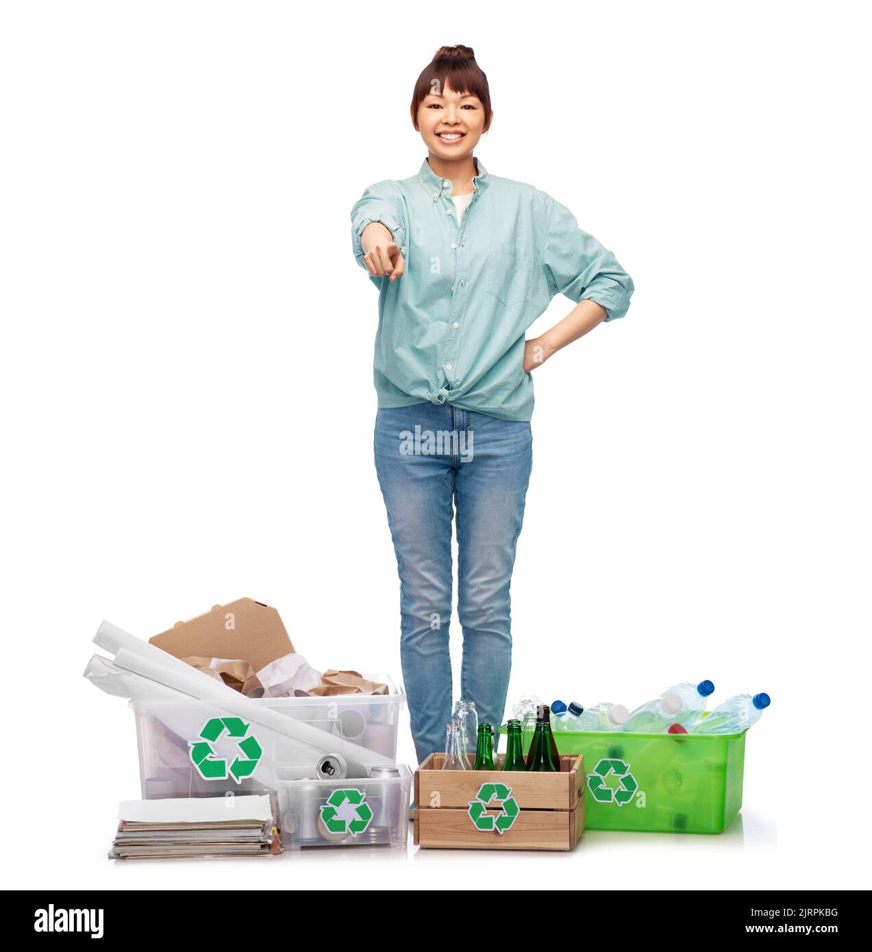 happy woman sorting paper, metal and plastic waste Stock Photo - Alamy