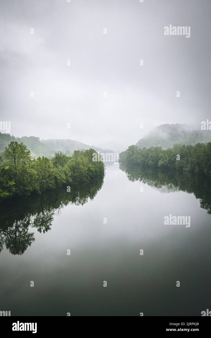 James River shrouded in mist seen from Blue Ridge Parkway Bridge Stock ...