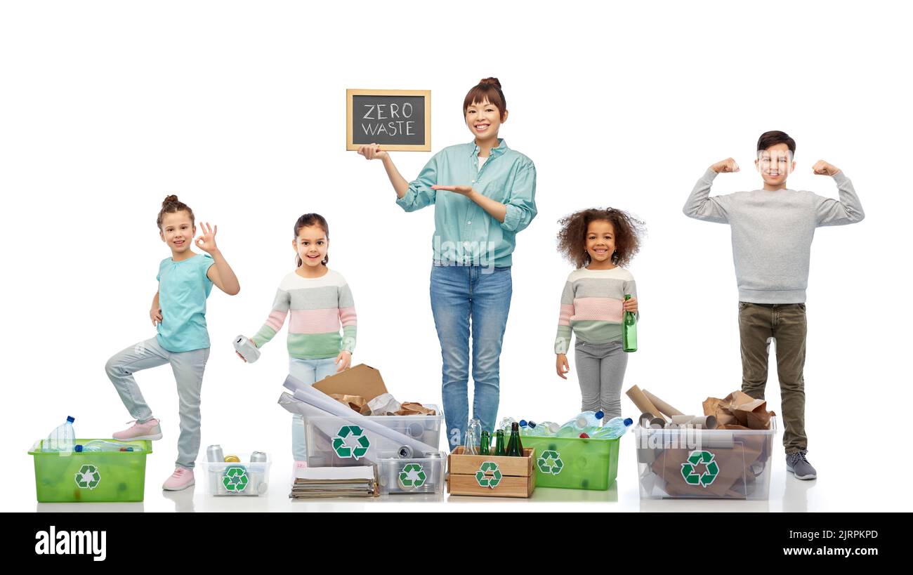 happy woman with little children sorting waste Stock Photo - Alamy