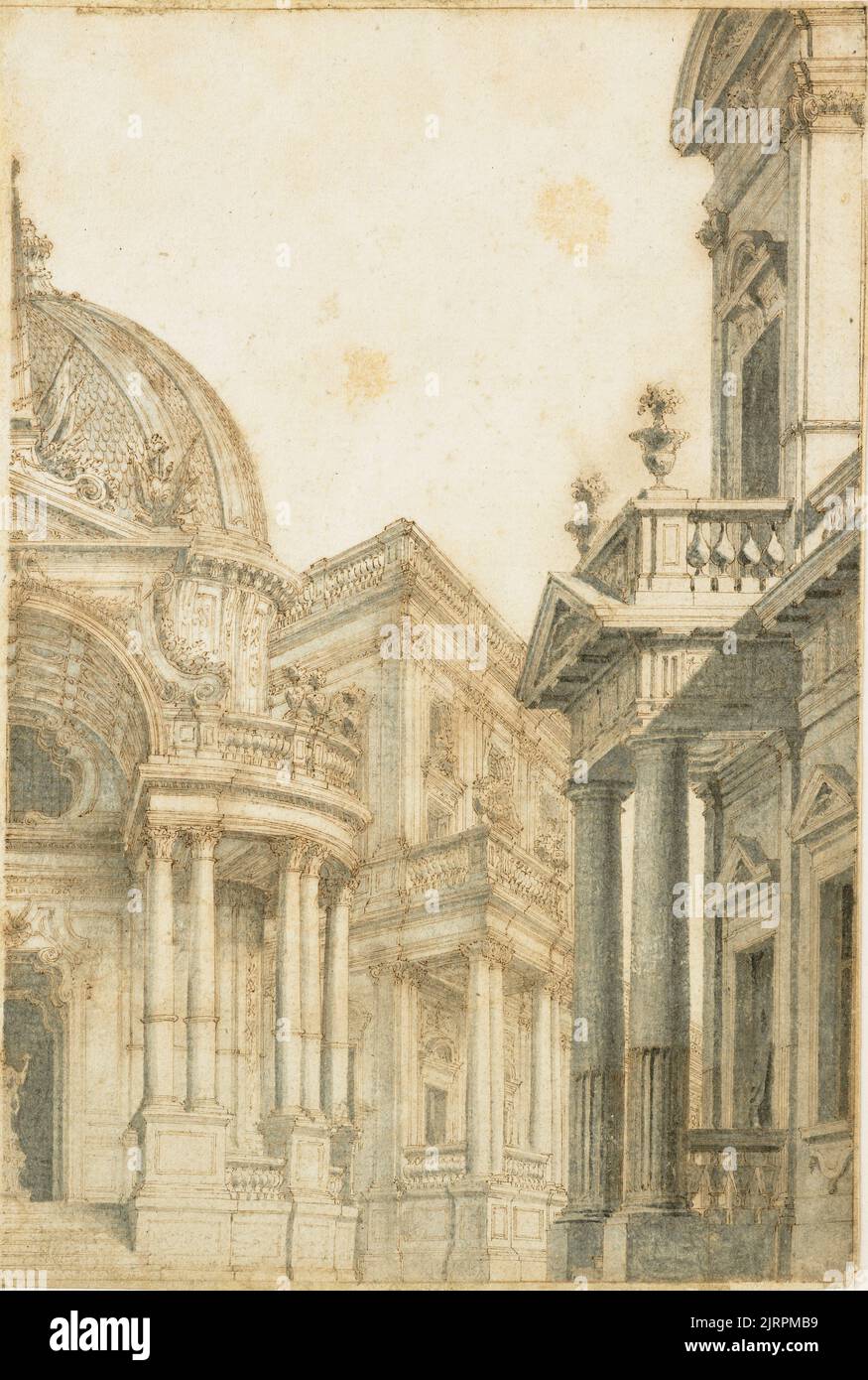 A church facade with cupola and two secular facades, mid-to late 18th ...