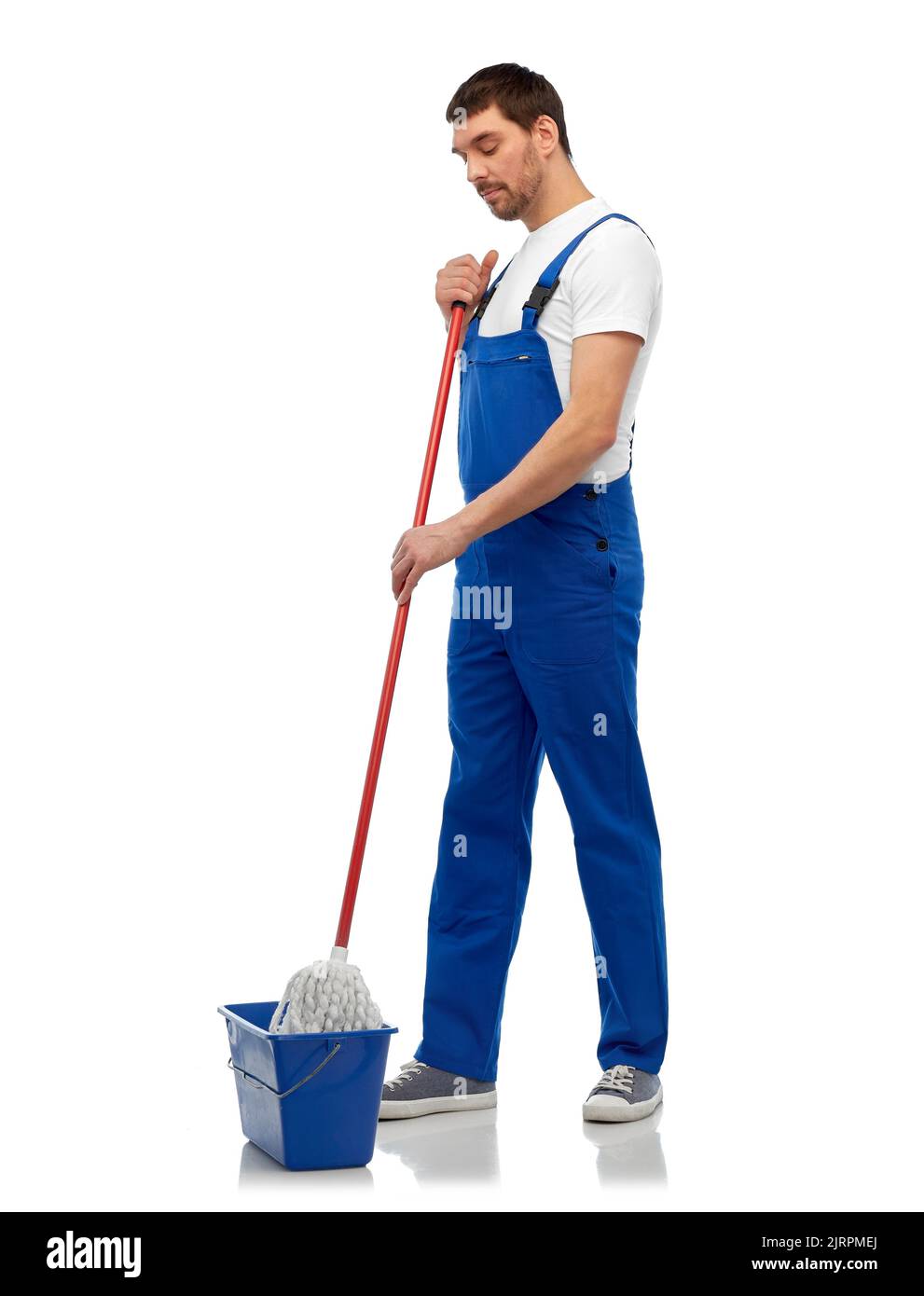 male cleaner cleaning floor with mop and bucket Stock Photo - Alamy