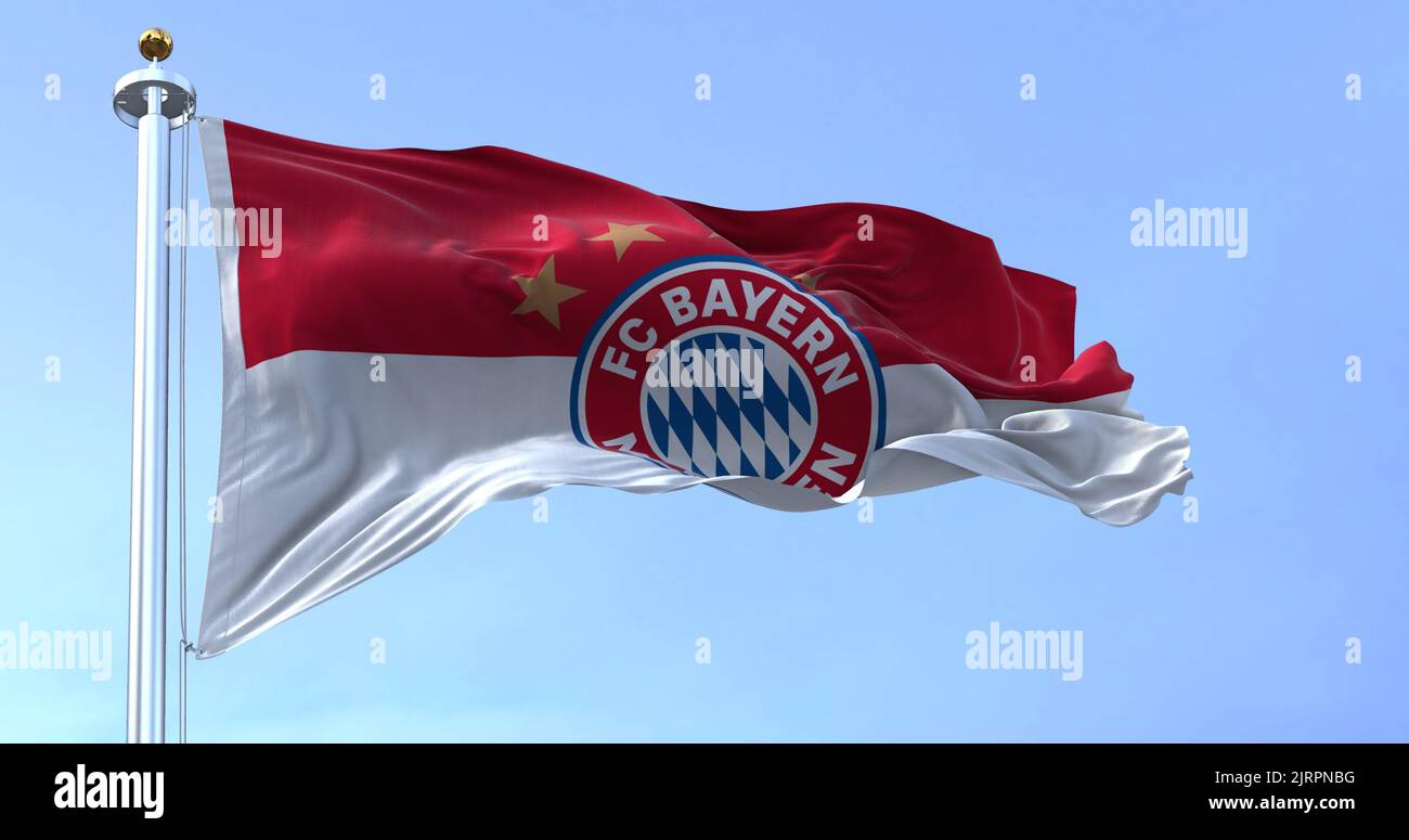 Munich, GER, May 2022: The Bayern Munich Flag waving in the wind on a ...
