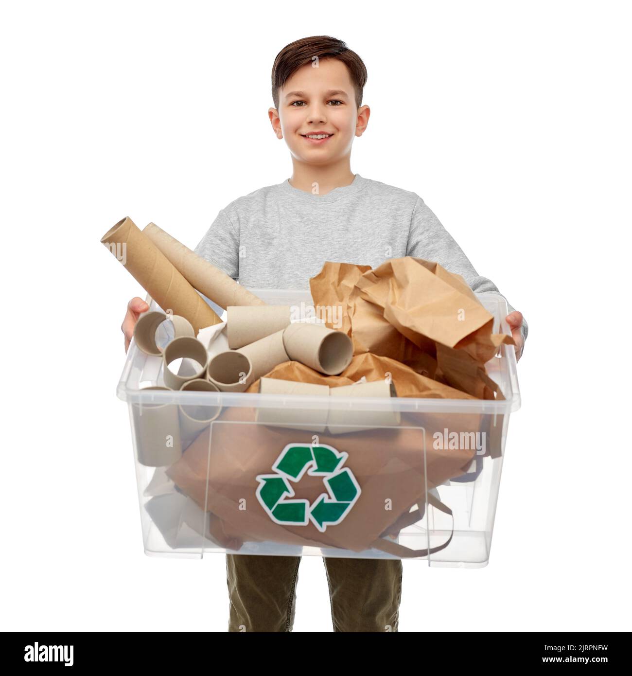 smiling boy sorting paper waste Stock Photo - Alamy