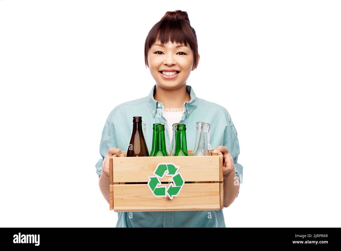 smiling young asian woman sorting glass waste Stock Photo - Alamy