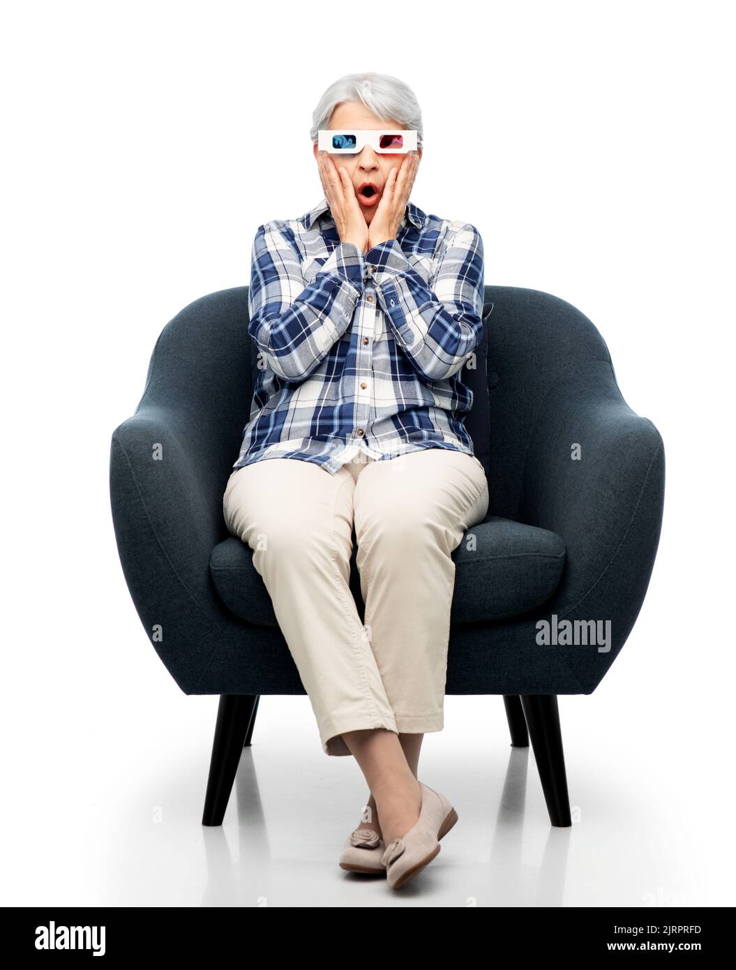 scared senior woman in 3d glasses watching movie Stock Photo - Alamy