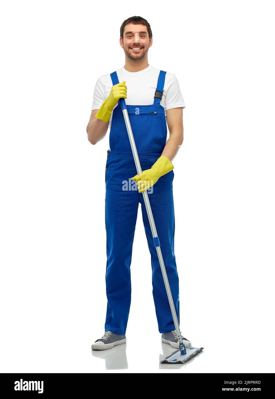male cleaner in overall cleaning floor with mop Stock Photo - Alamy