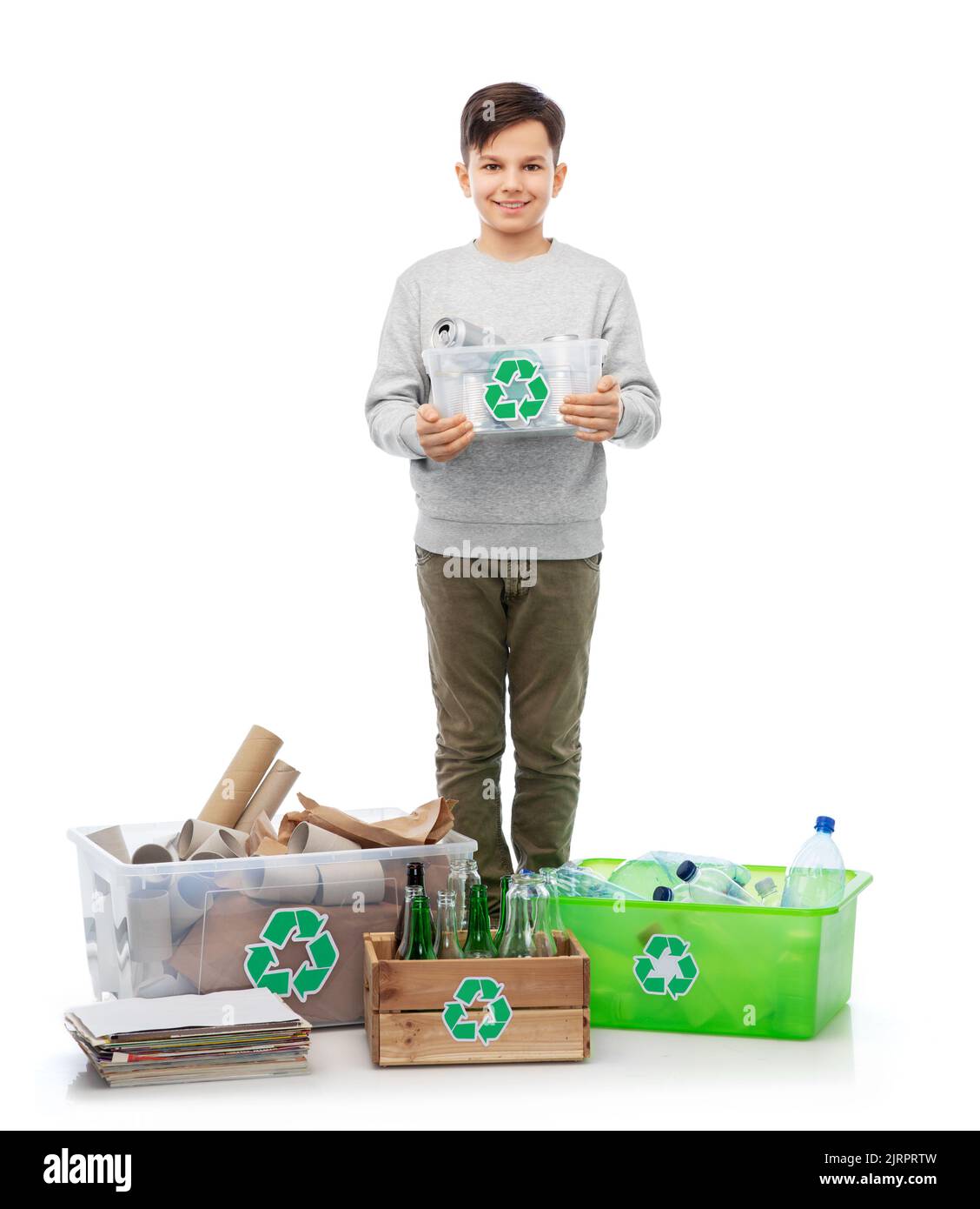 smiling boy sorting paper, metal and plastic waste Stock Photo - Alamy