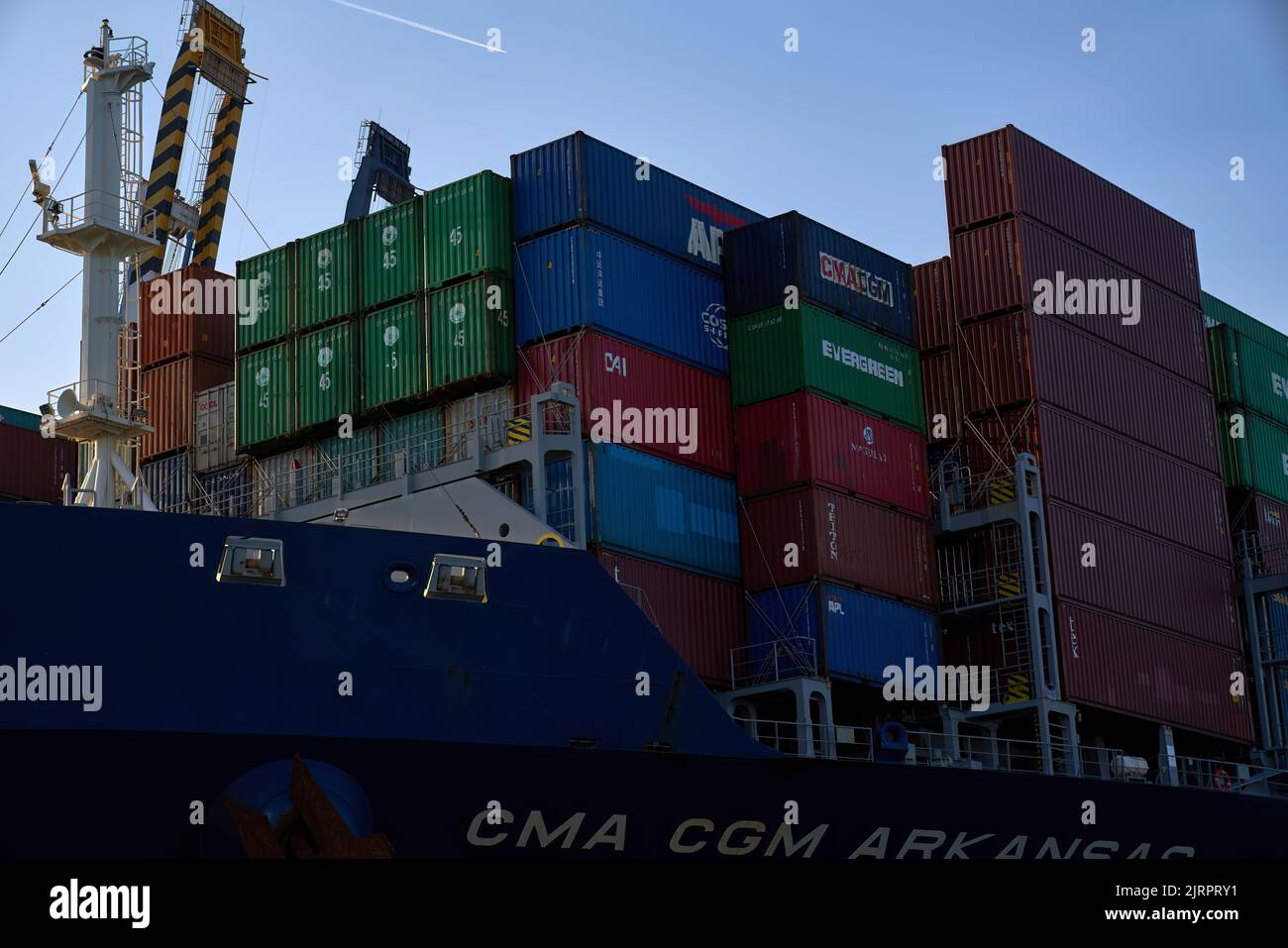 Container ship in port at container terminal. Ships of container ships ...