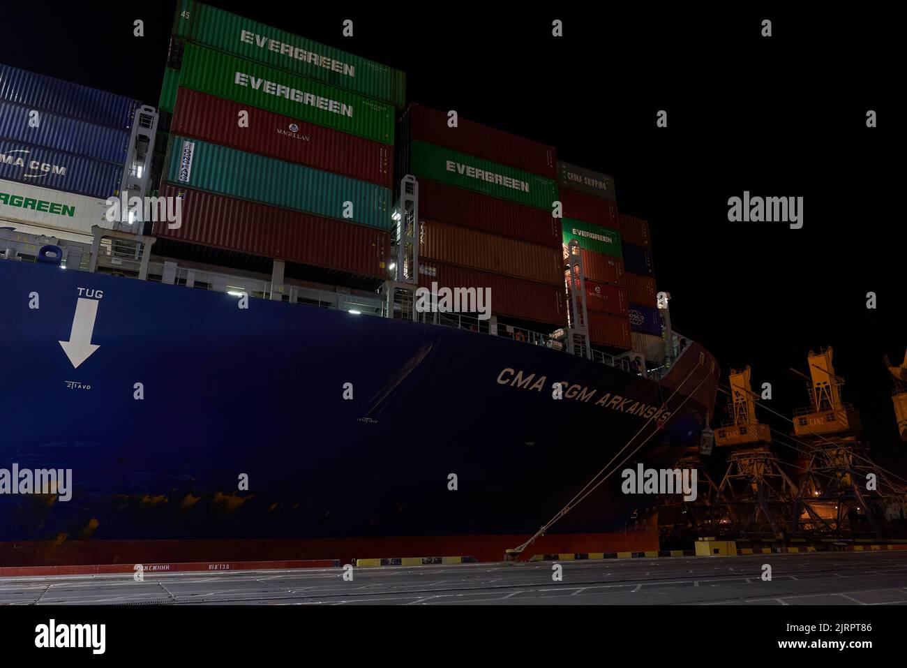 Containers stack on ship deck. Container loading in Cargo freight ship ...