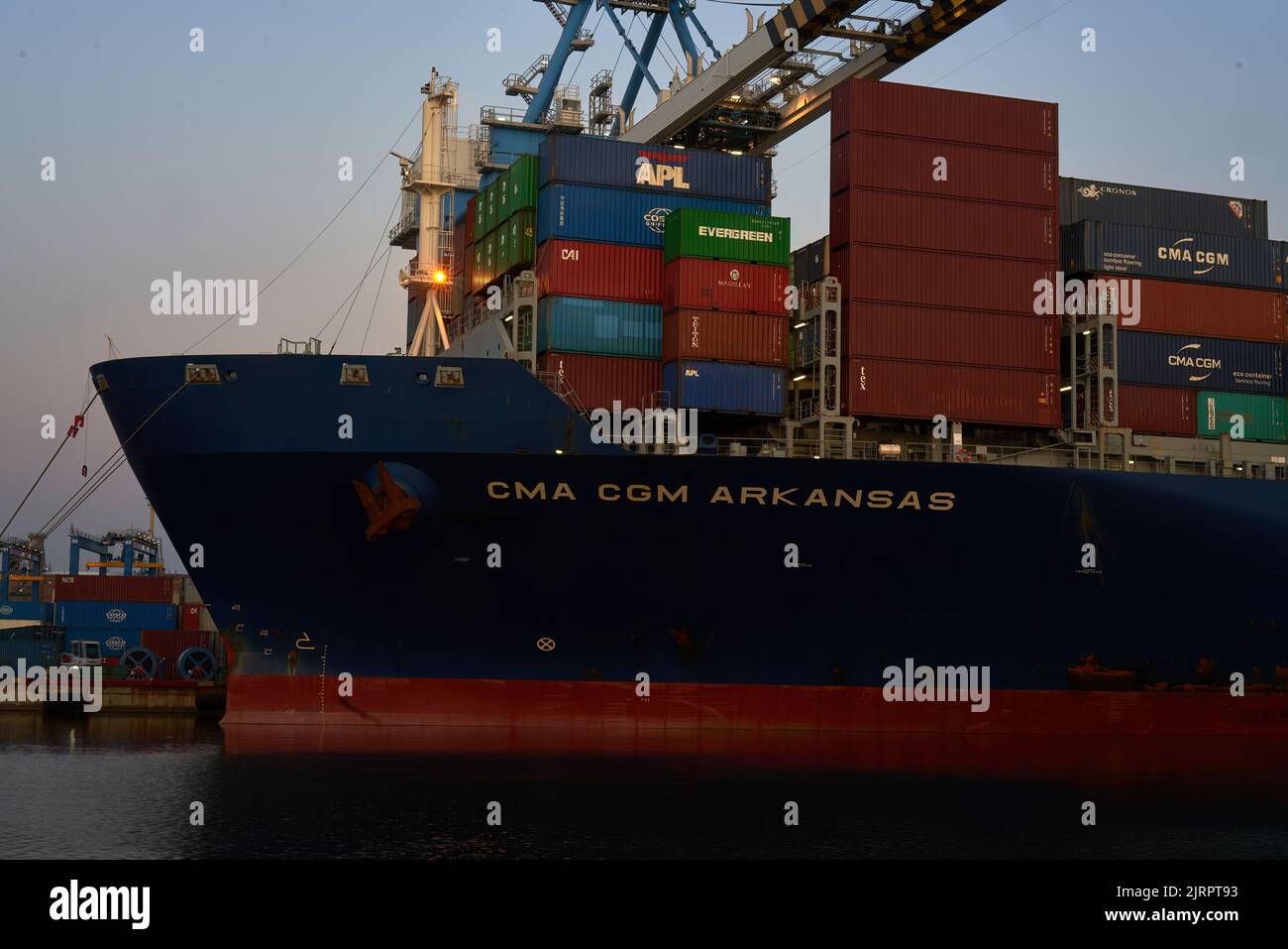 Container ship in port at container terminal. Ships of container ships ...